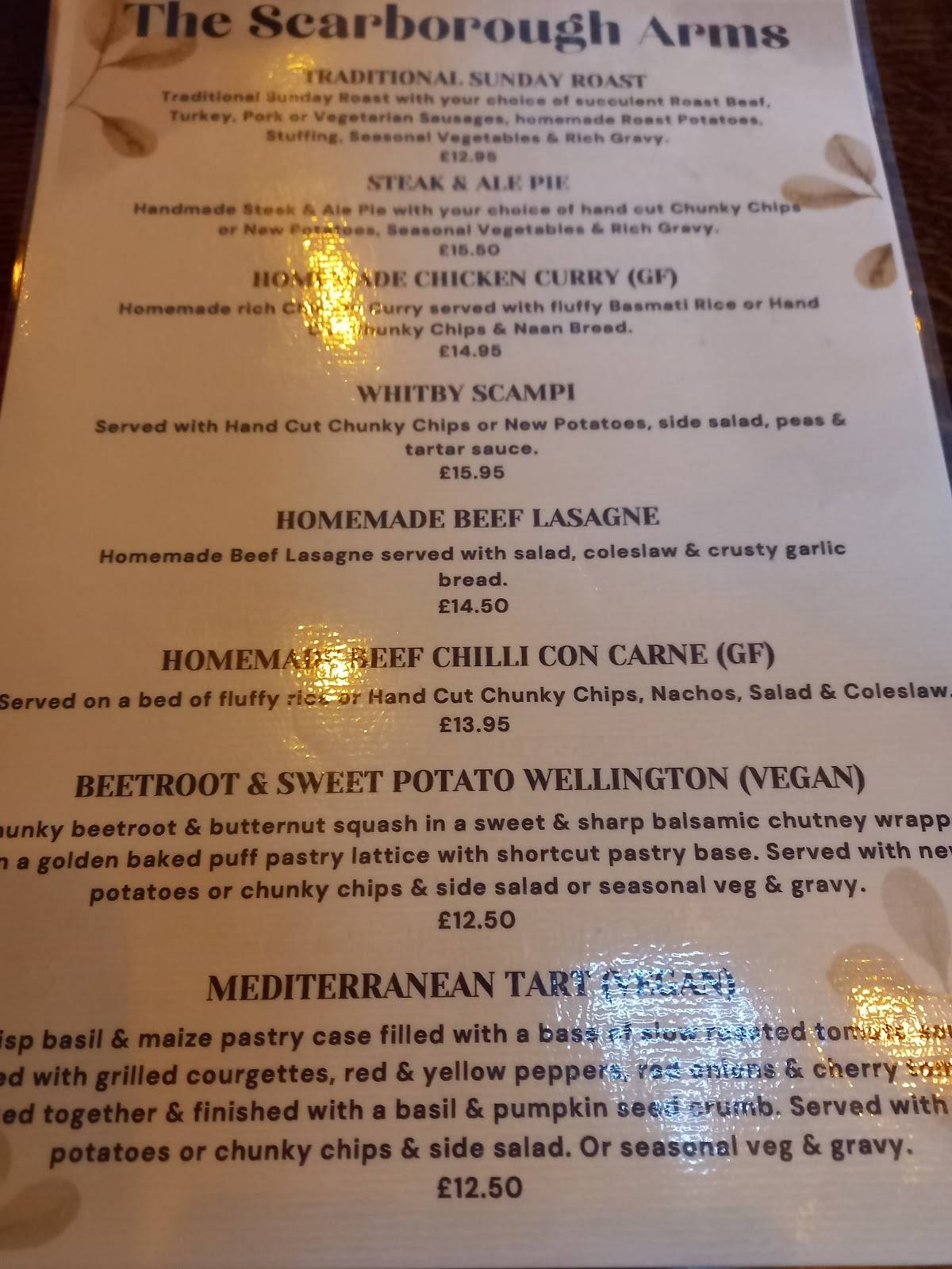 Menu at Scarborough Arms pub & bar, Scarborough