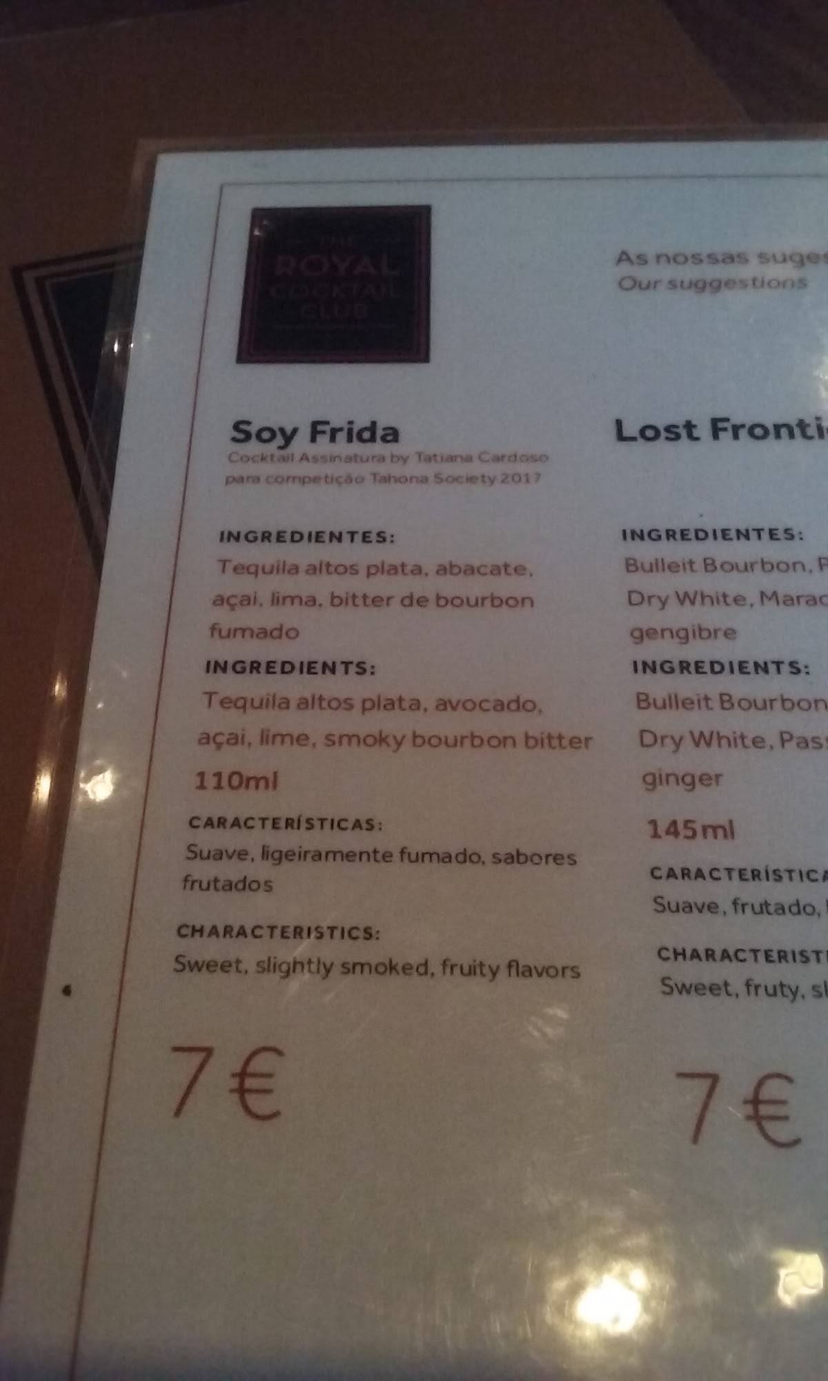 Menu at THE ROYAL COCKTAIL CLUB, Porto
