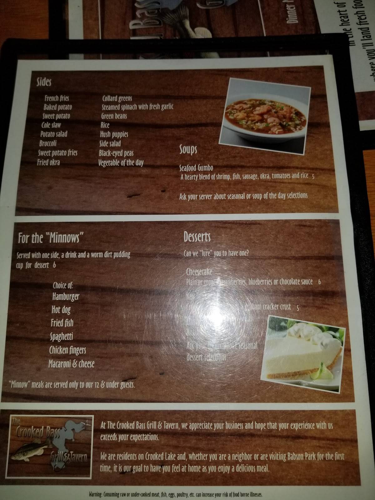 Menu at The Crooked Bass Grill and Tavern pub & bar, Babson Park