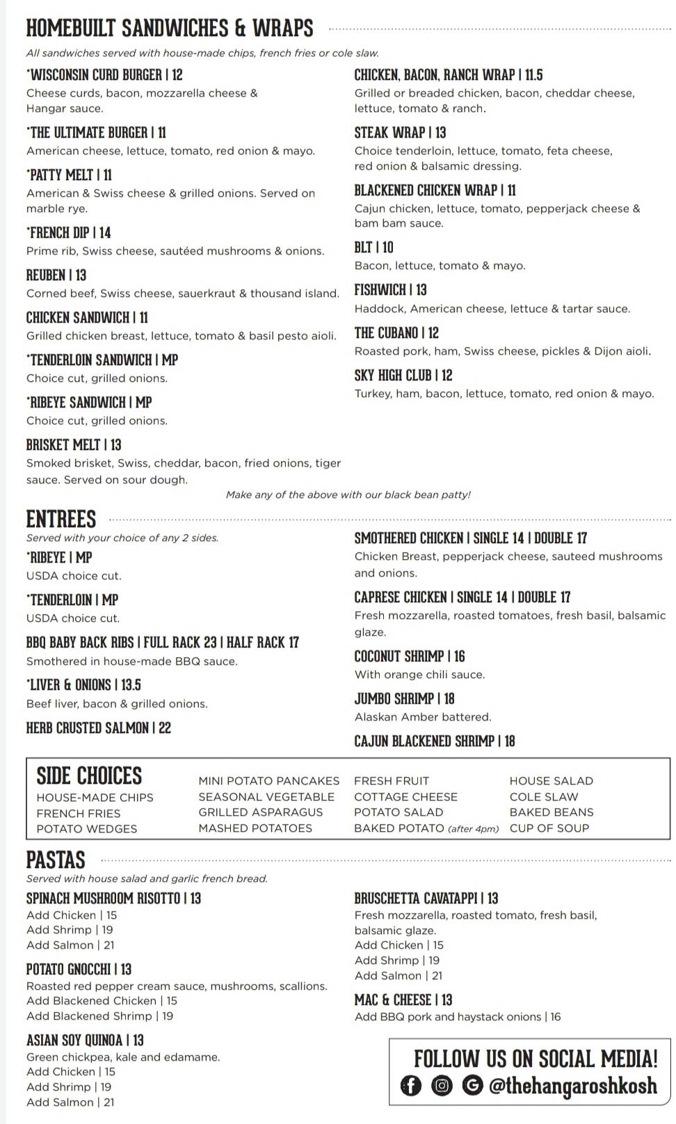 Menu at The Hangar Bar and Grill, Oshkosh