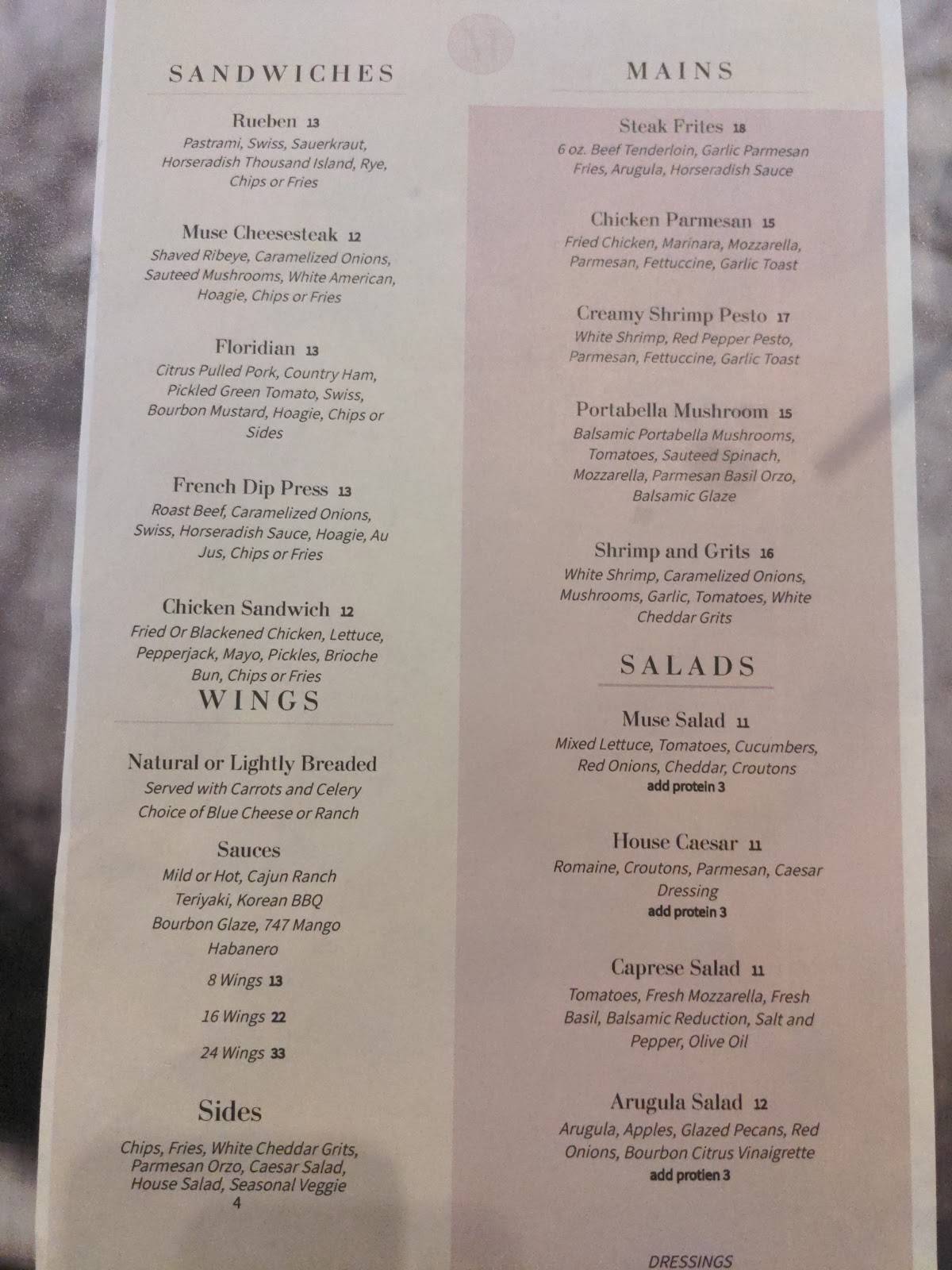 Menu at The MUSE Bourbon Bar & Grill, Jacksonville