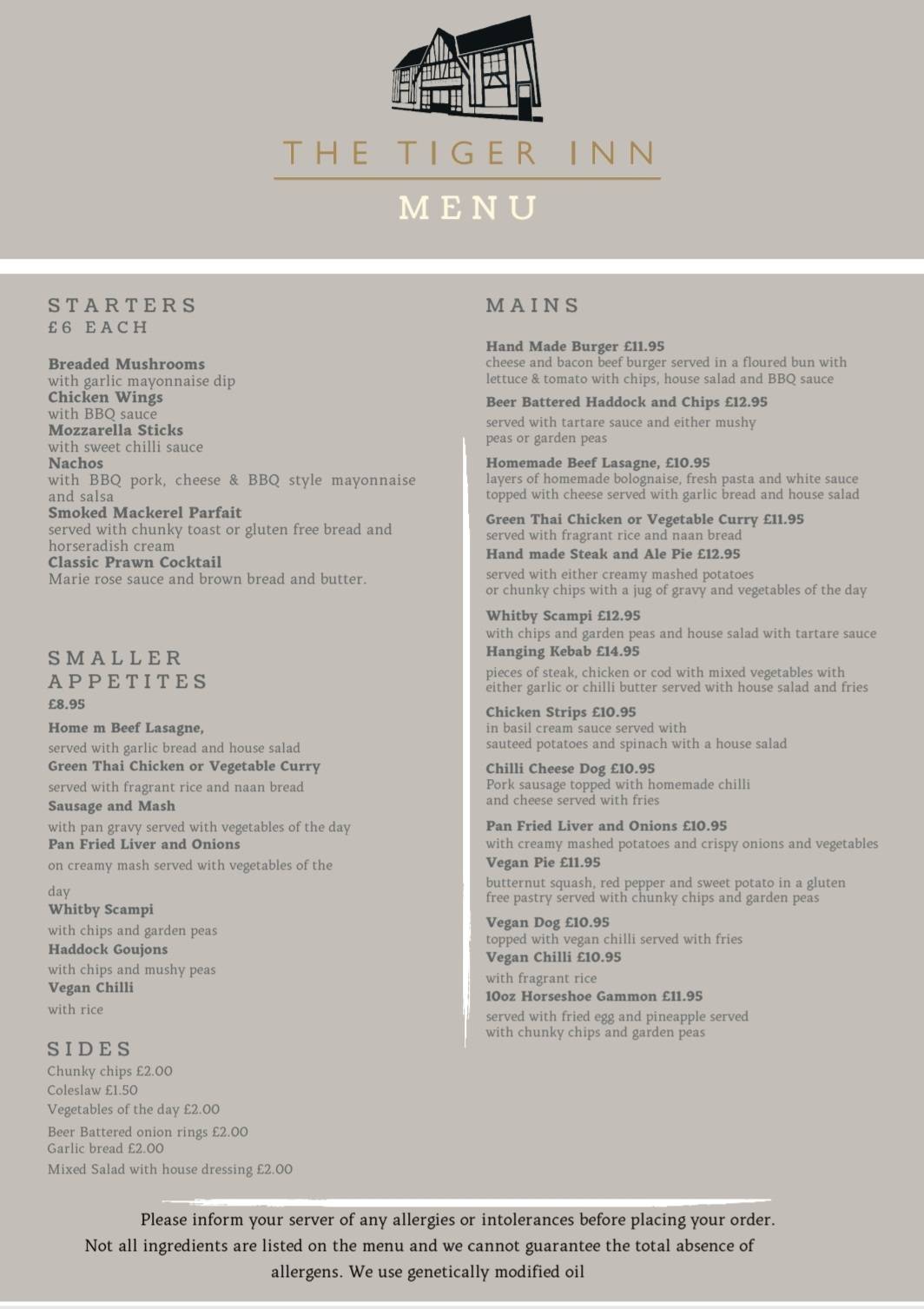 Menu at Tiger Inn pub & bar, Beverley