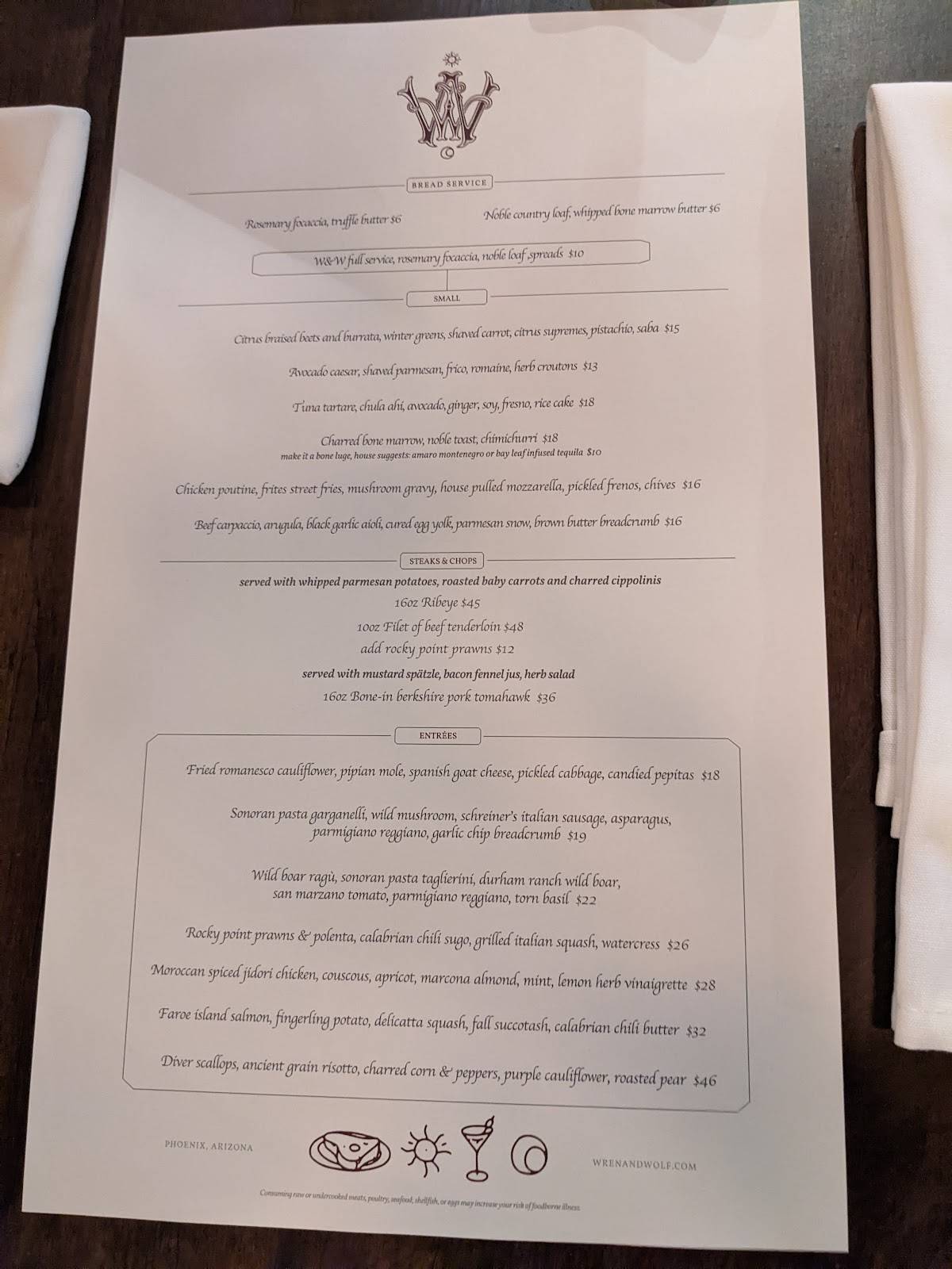 Menu at Wren & Wolf pub & bar, Phoenix