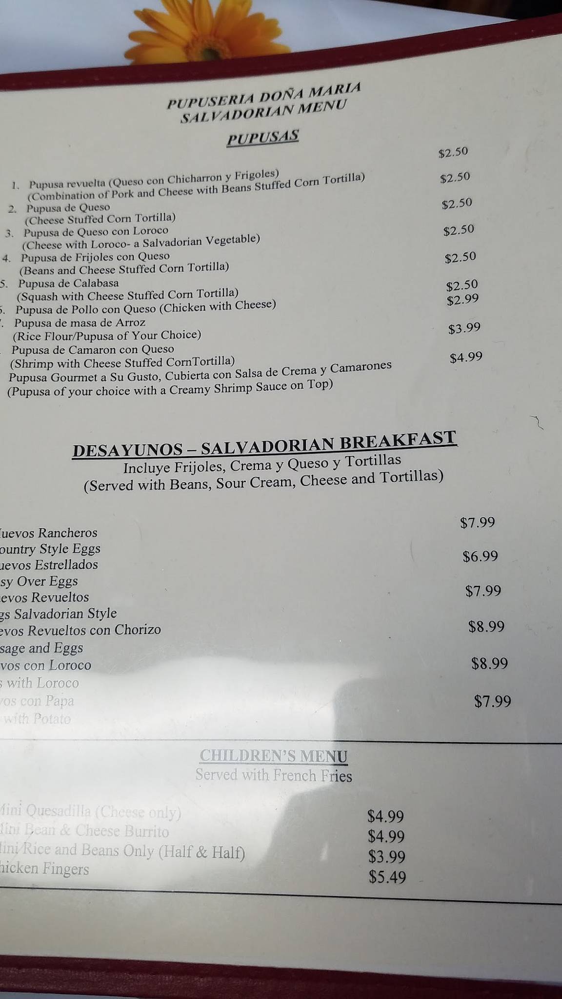 Menu at Pupusería Doña María restaurant, Rancho Cucamonga