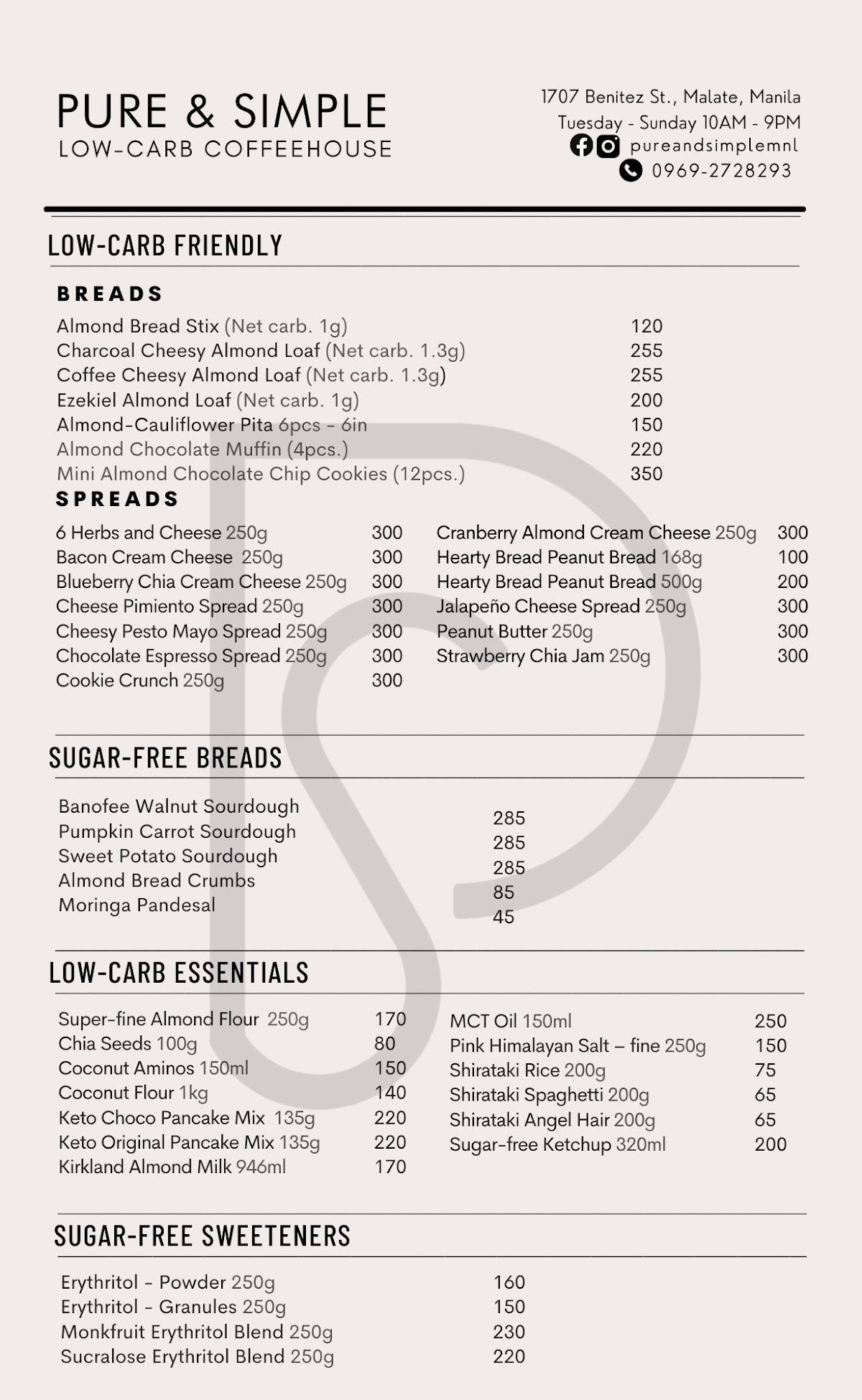 Menu at Pure&Simple coffee house, Manila