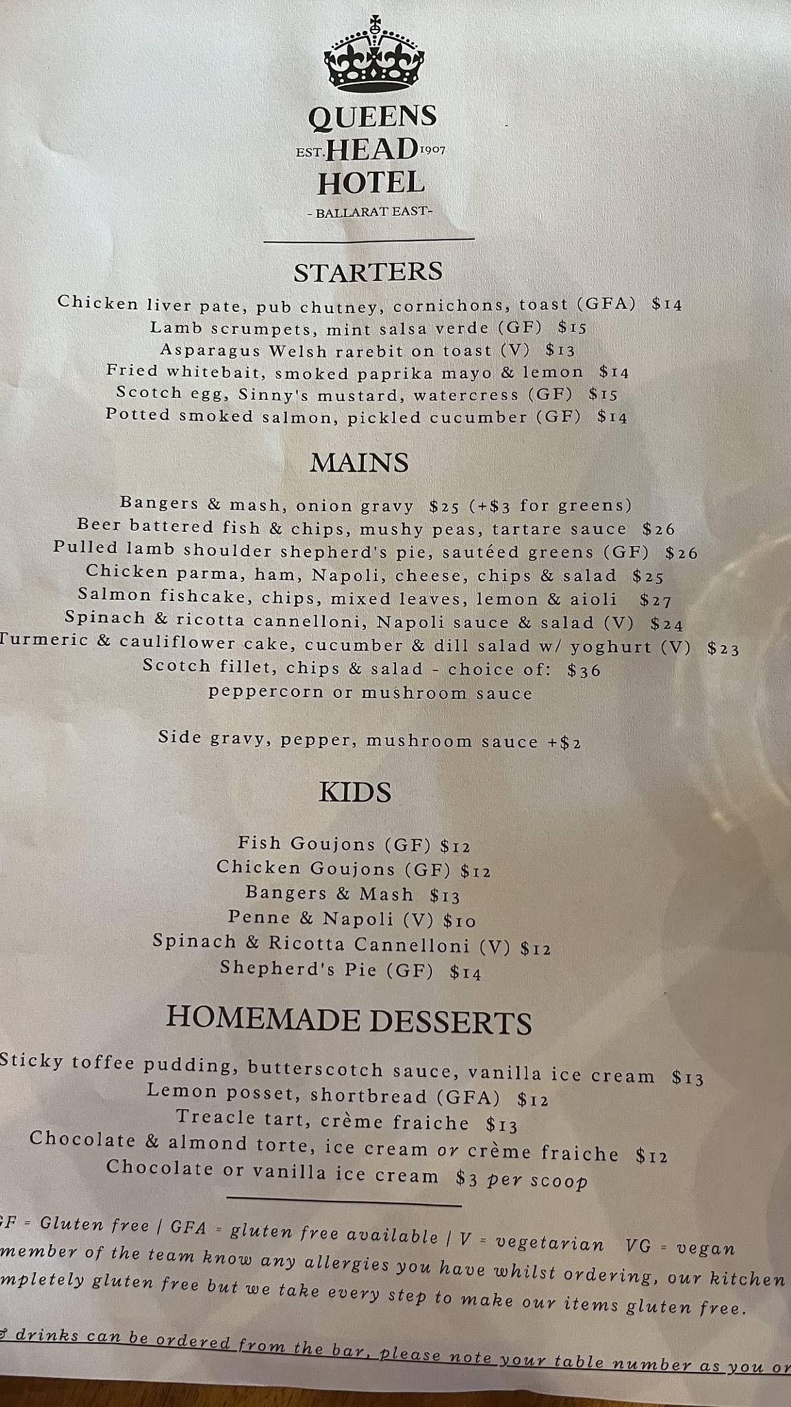 Menu at Queens Head Hotel pub & bar, Ballarat East, 146 Humffray St N