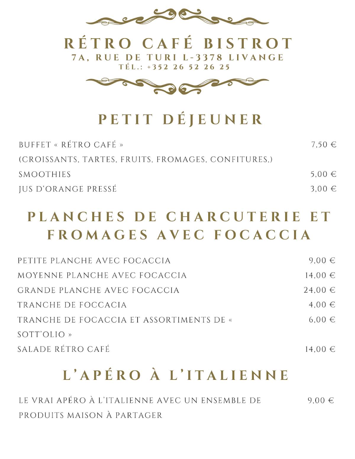 Carta de Rétro Café Bistrot, Roeser