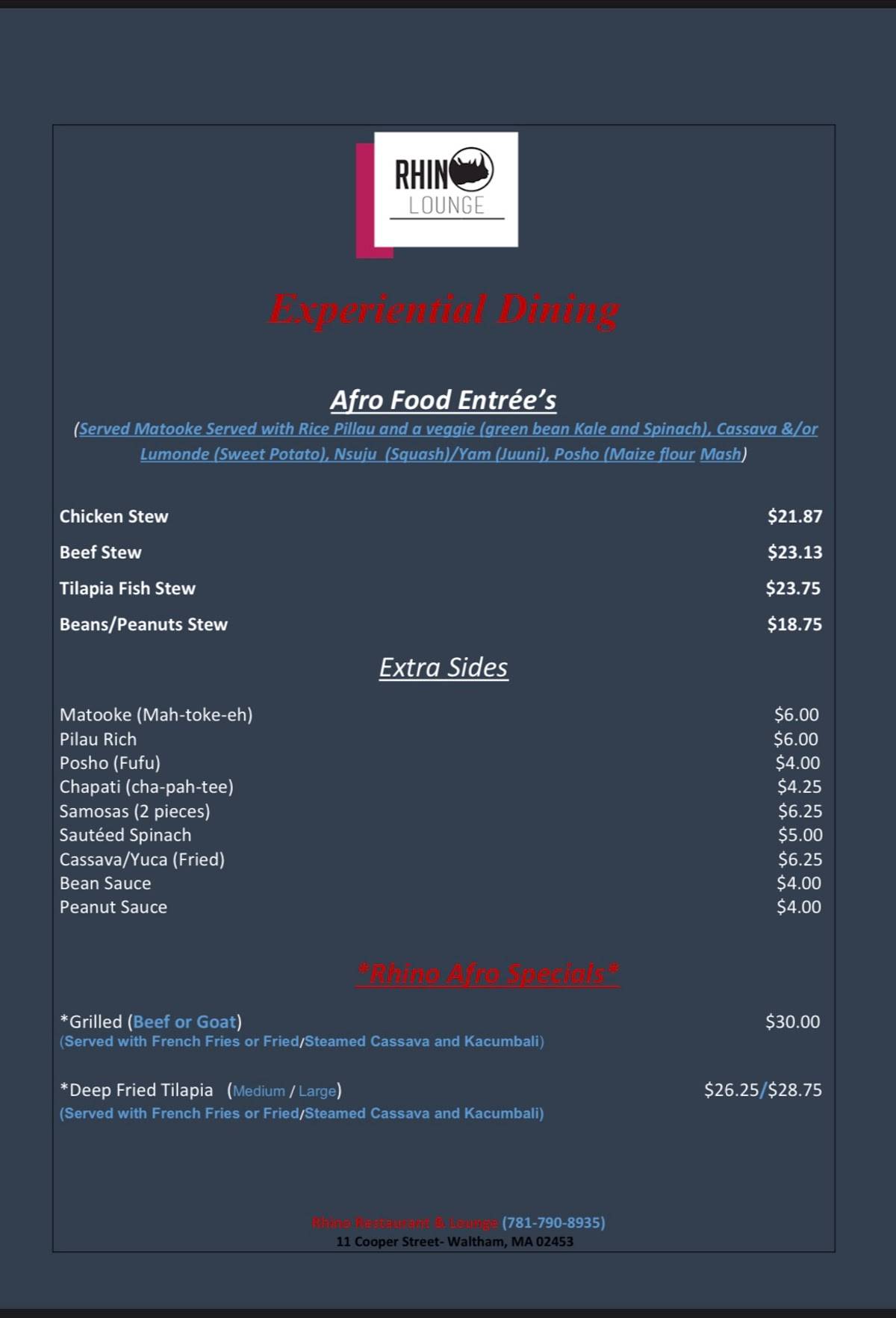 Menu at RHINO RESTAURANT & LOUNGE, Waltham