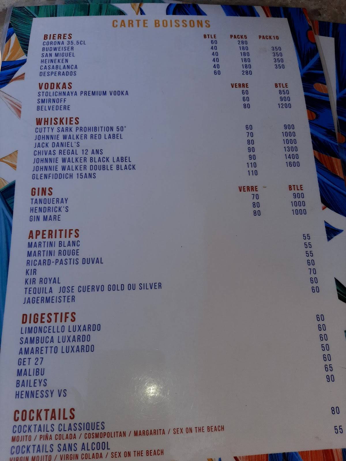 Menu au Terracotta Restaurant lounge, Temara