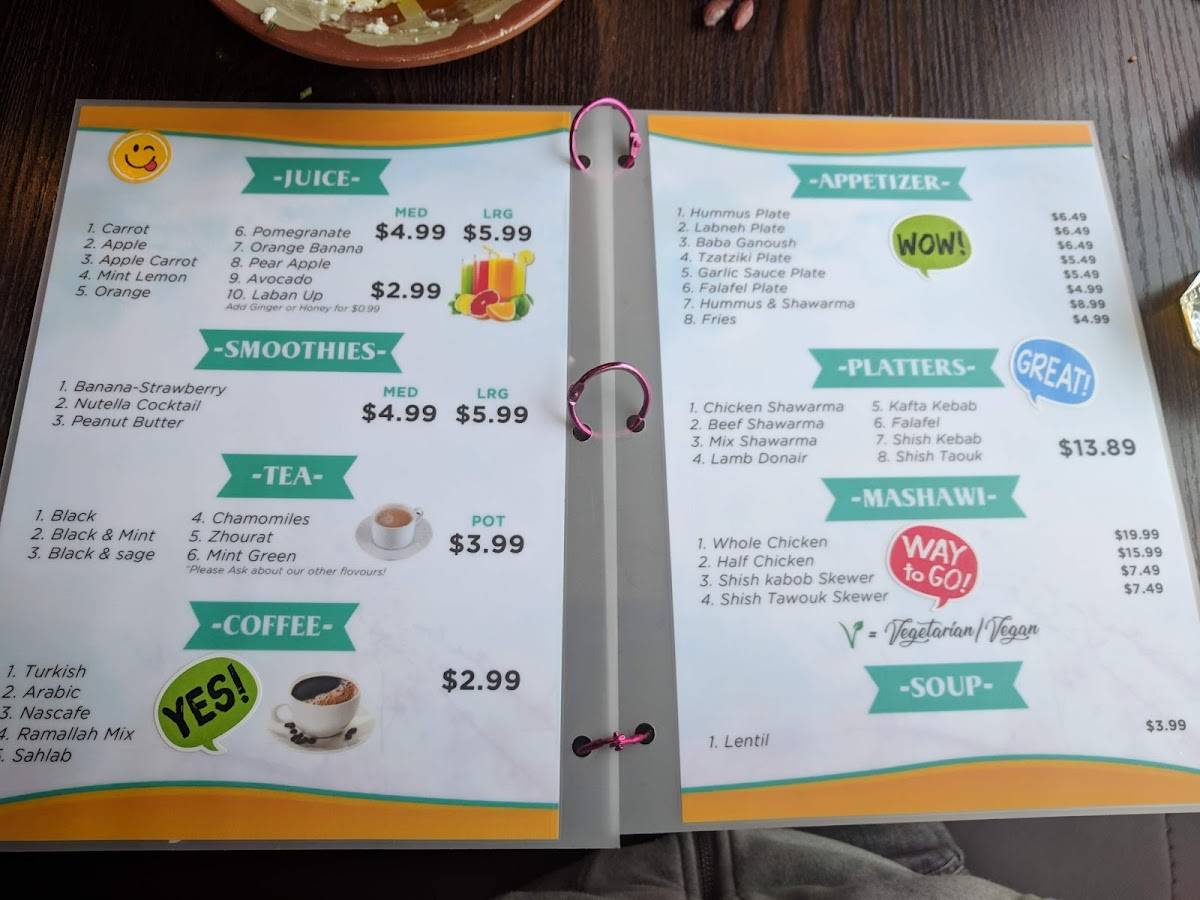 Menu at Ramallah Cafe, Winnipeg, 325 Pembina Hwy