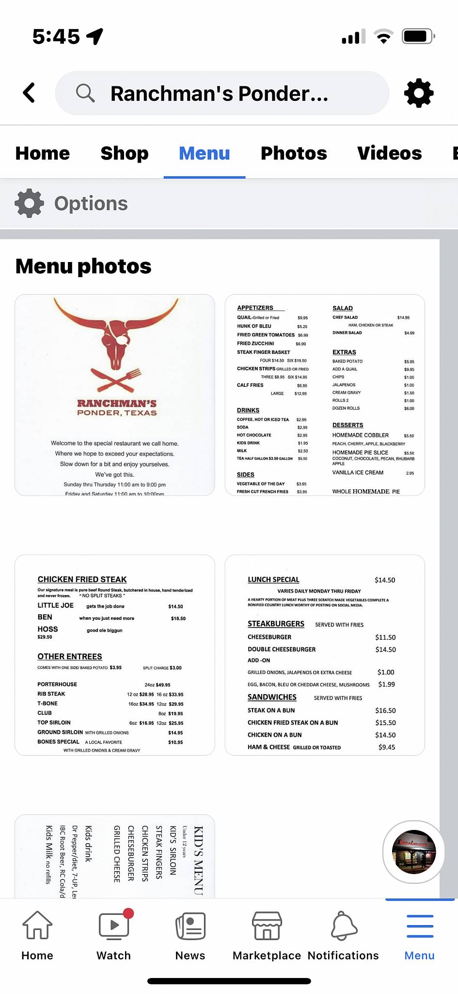 Menu at Ranchman's Ponder Steakhouse, Ponder