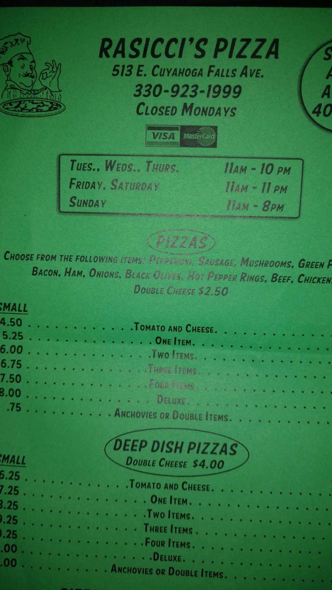 Menu at Rasicci's Pizza pizzeria, Akron