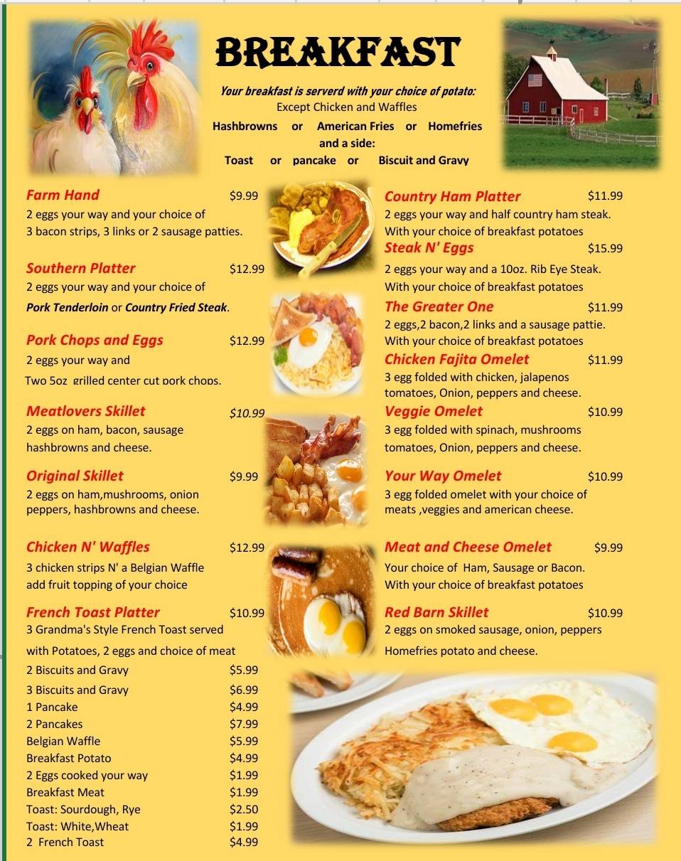 Menu at Red Barn Cafe, Mount Vernon, 107 W Mt Vernon Blvd