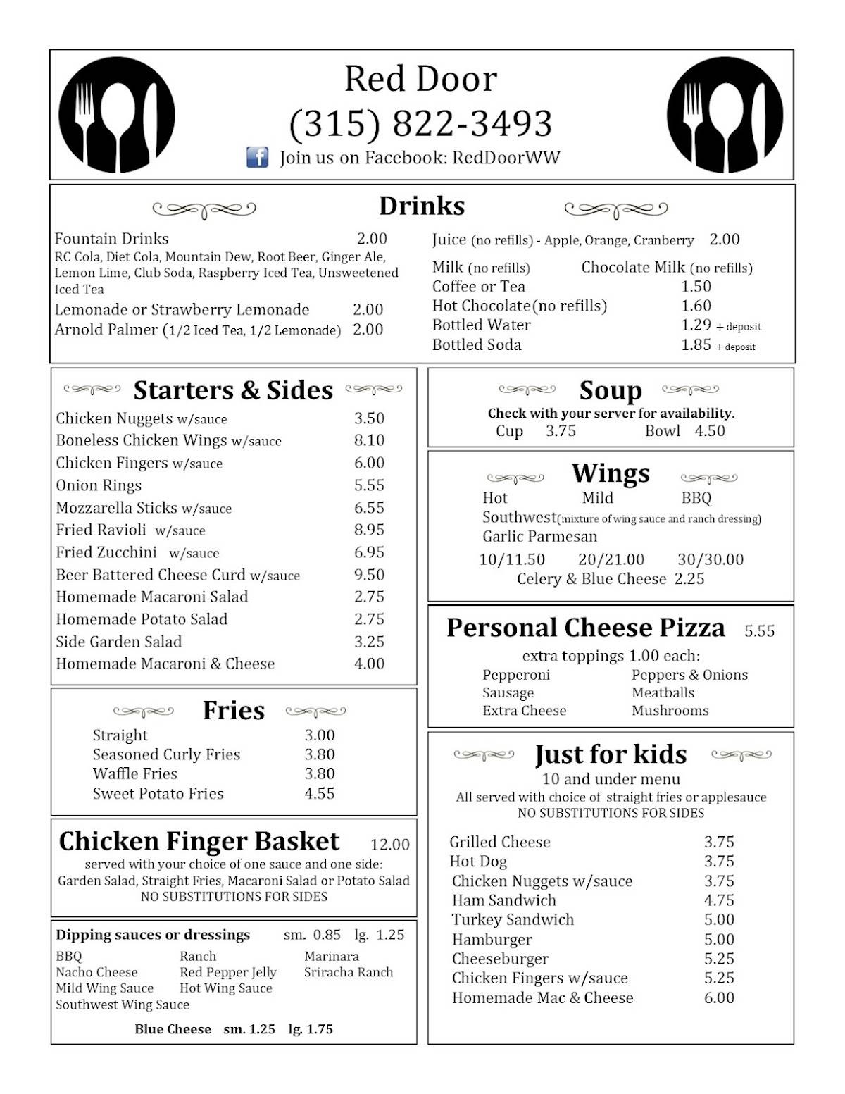 Menu at Red Door restaurant, West Winfield