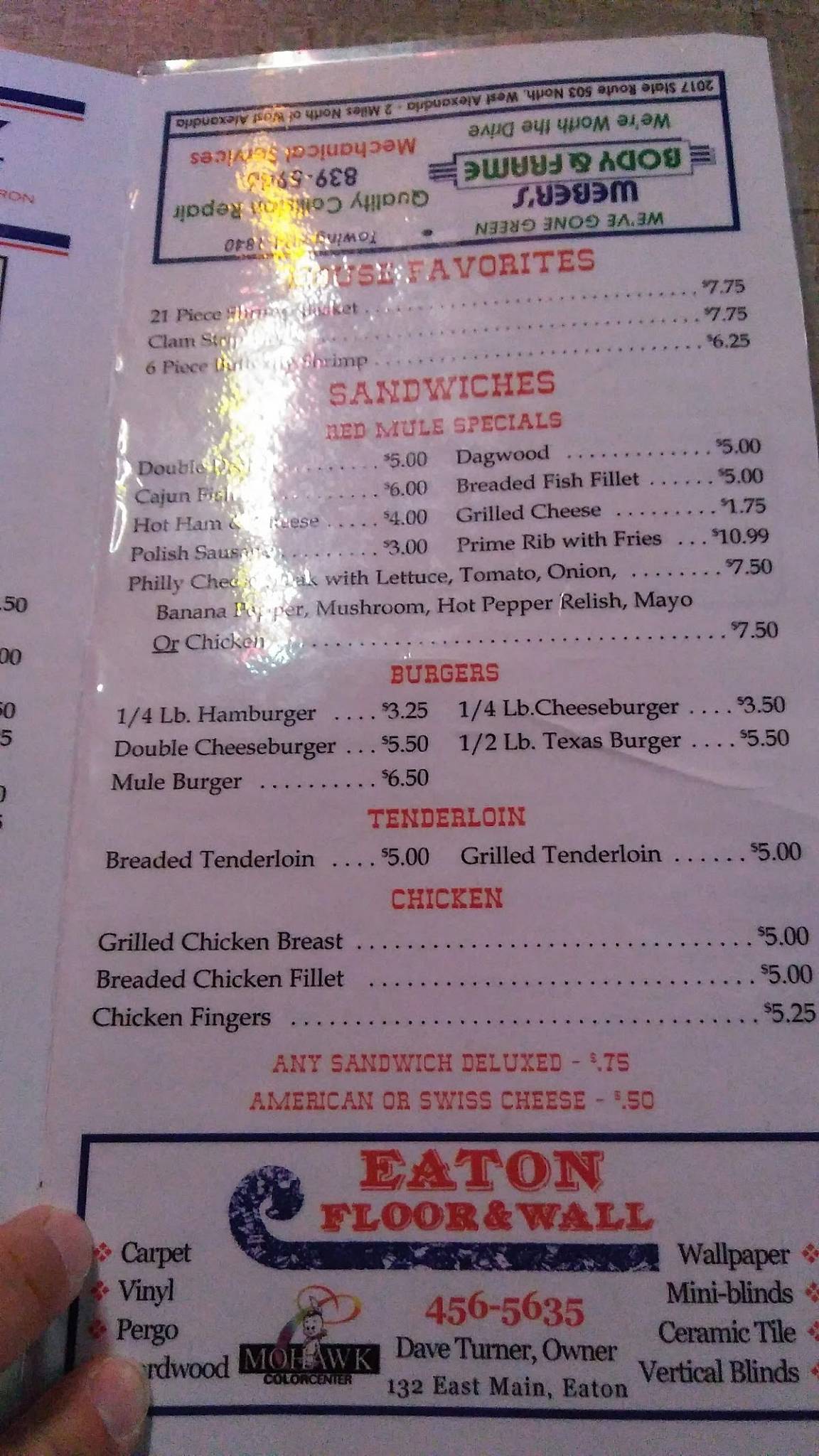Menu at Red Mule Inn pizzeria, Eaton