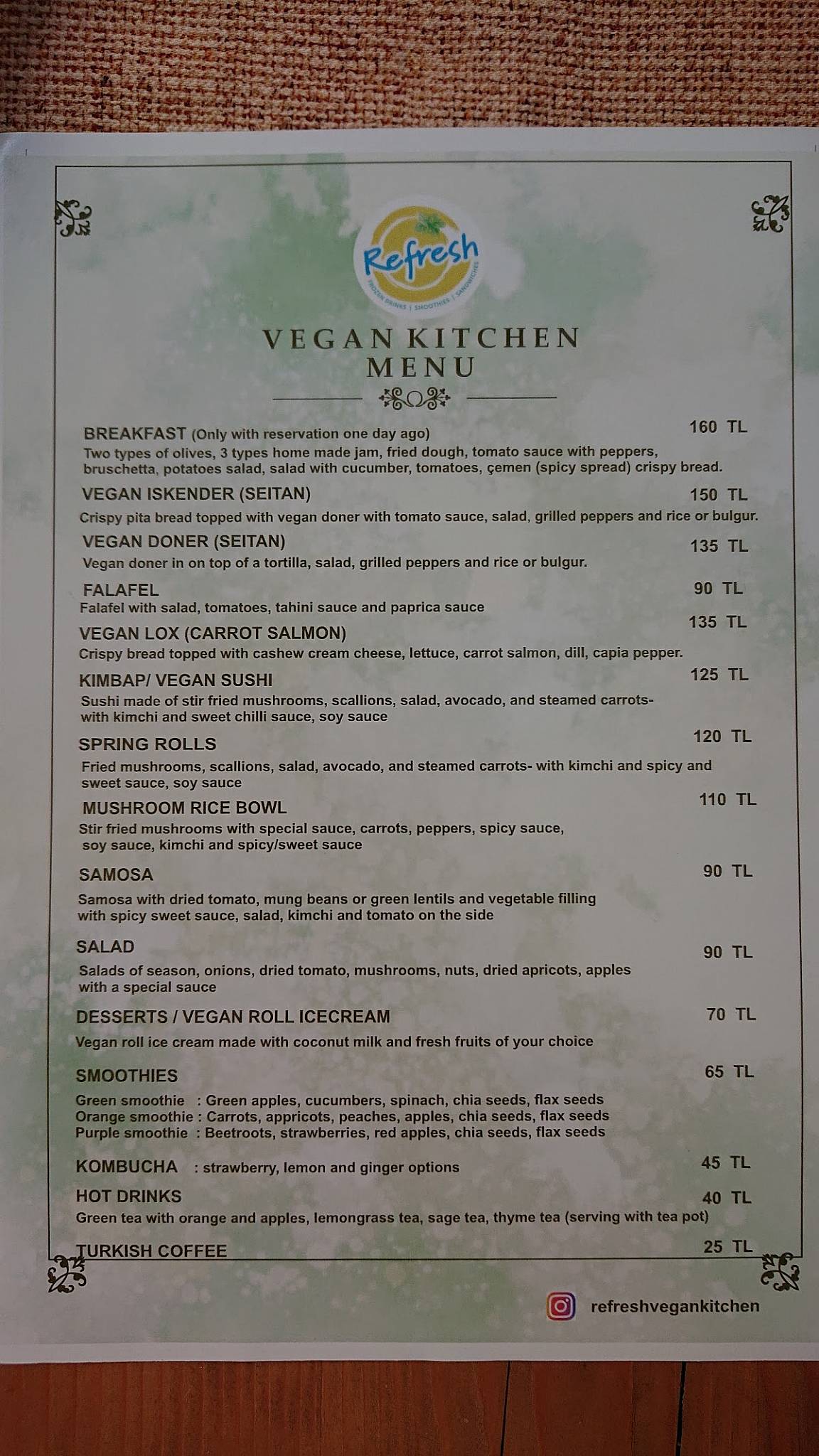 Menu at Refresh Vegan Kitchen, Kaş