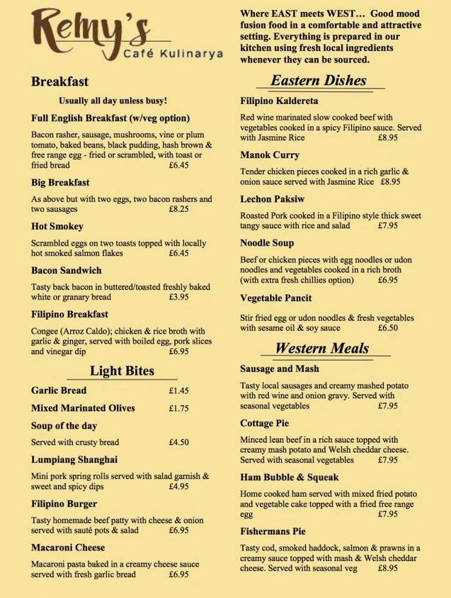 Menu at Remy's Kulinarya restaurant, Saint Leonards