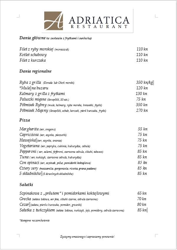 Menu at Restauracja ADRIATICA restaurant, Komarna