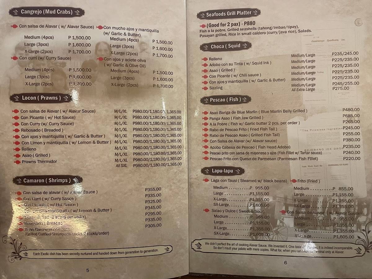 Menu at Alavar Seafood Restaurant, Zamboanga, 173 Don Alfaro St