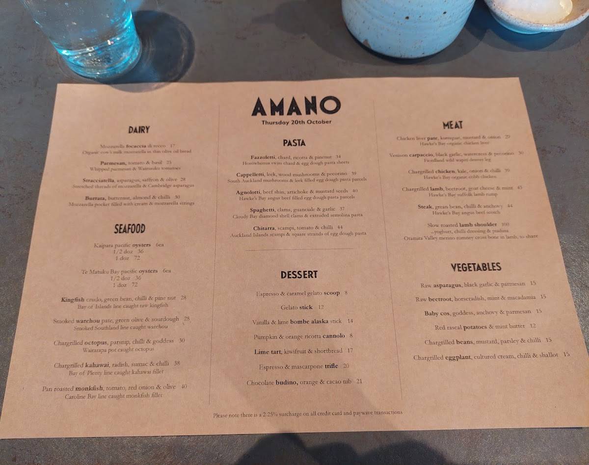 Menu at Amano restaurant, Auckland, 66 - 68