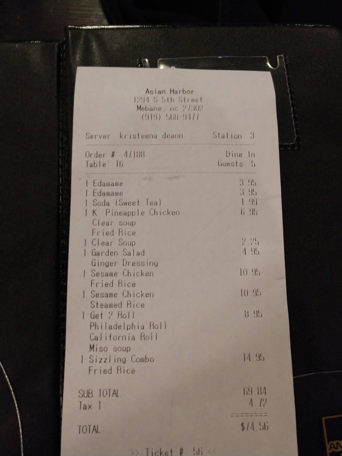 Menu at Asian Harbor restaurant, Mebane