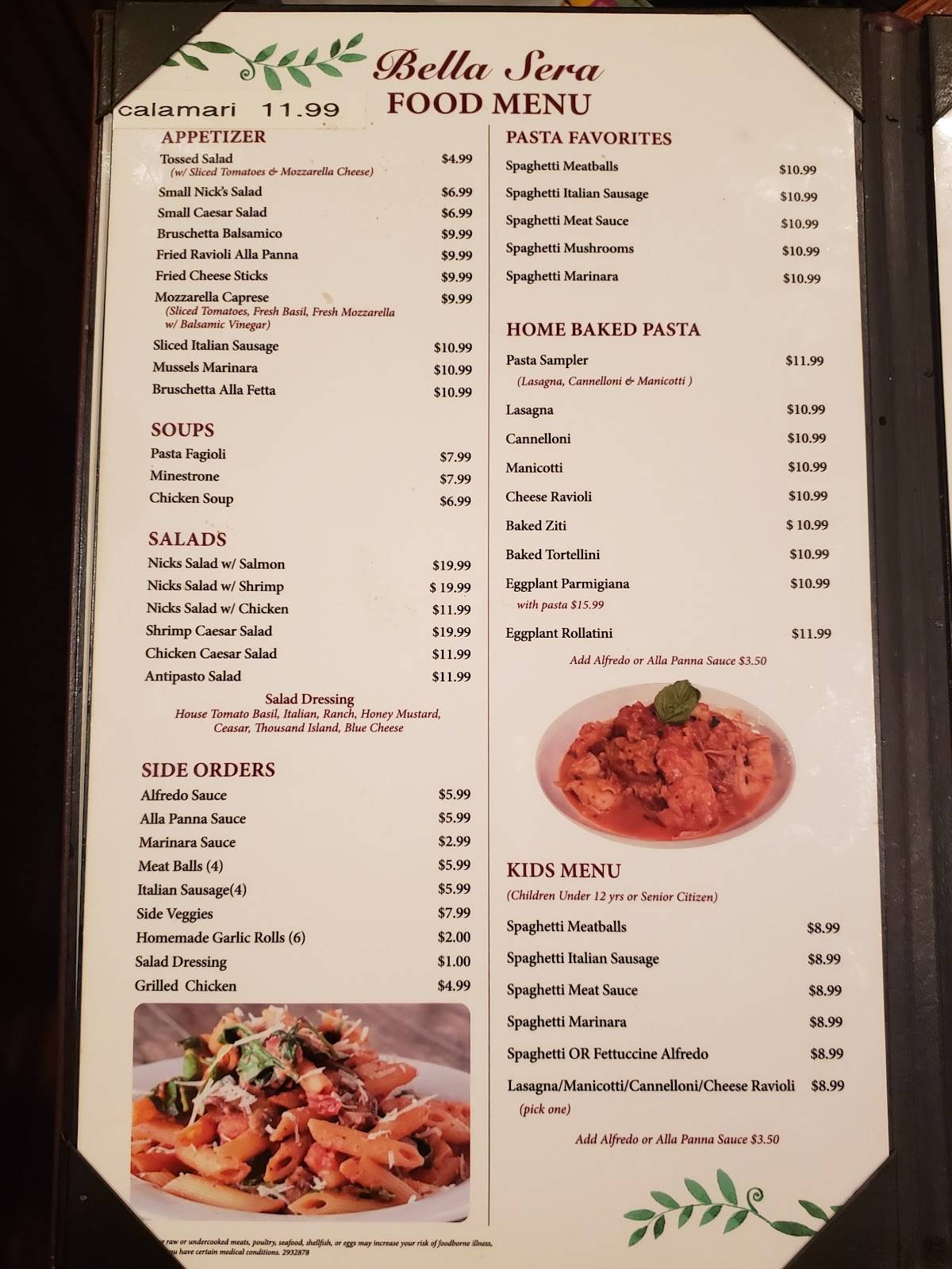 Menu at Bella Sera of Kerrville, Inc. restaurant, Kerrville