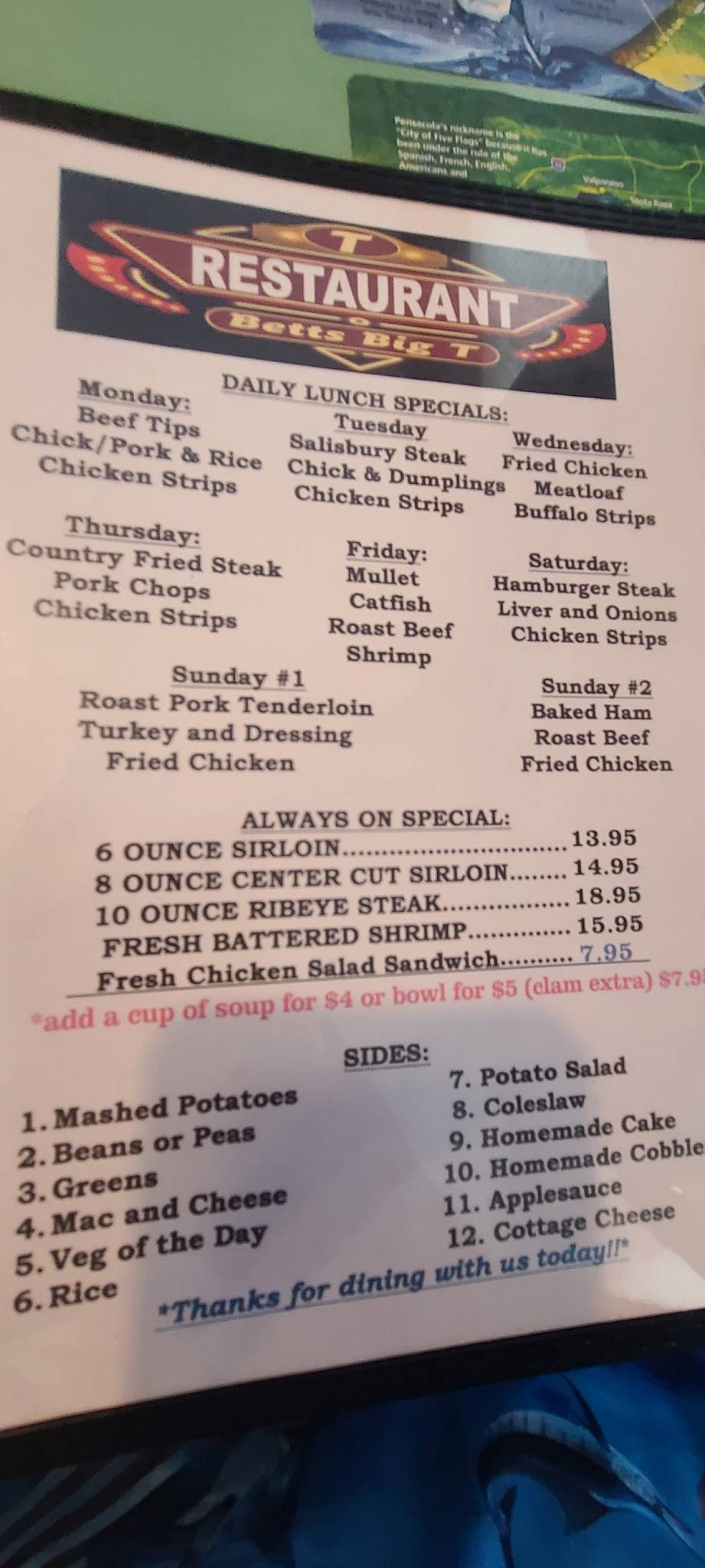 Menu at Bett's Big T Restaurant, Chiefland