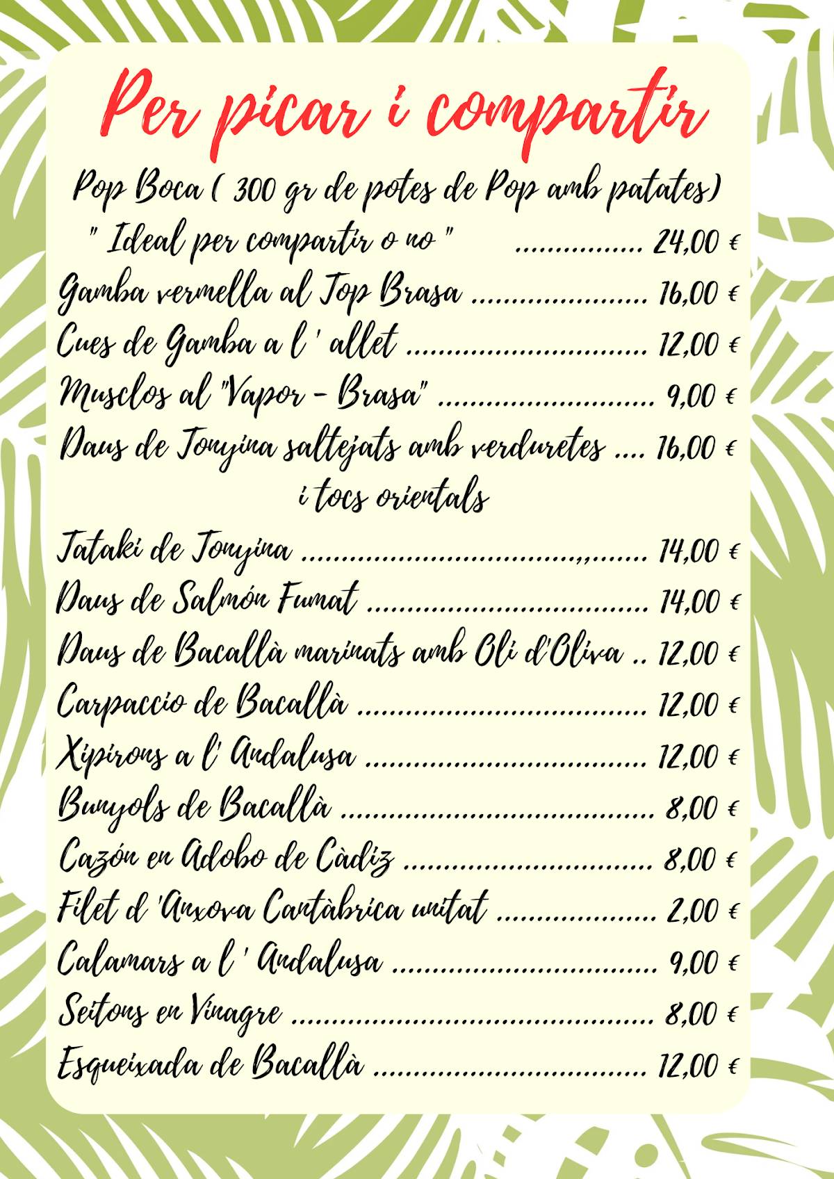 Carta de Restaurant Boca Boca, Cardedeu