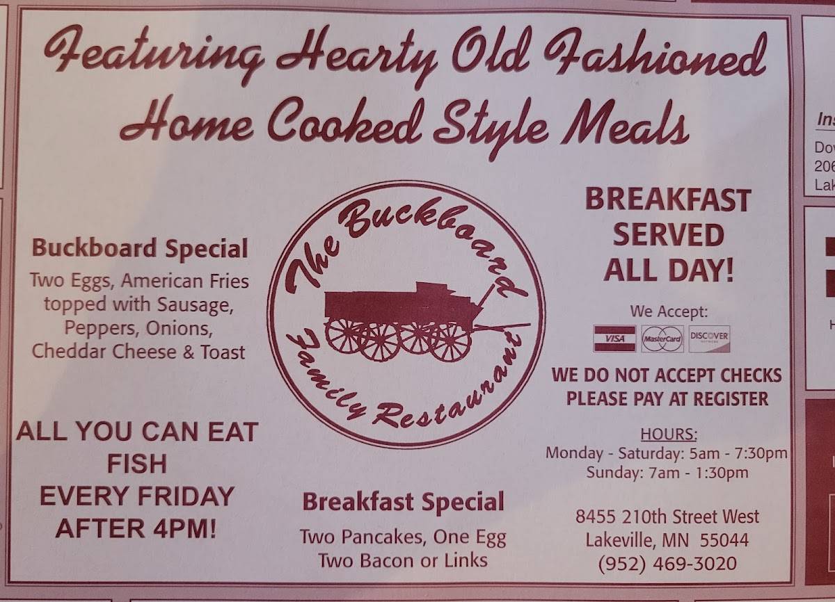 Menu at Buckboard restaurant, Lakeville