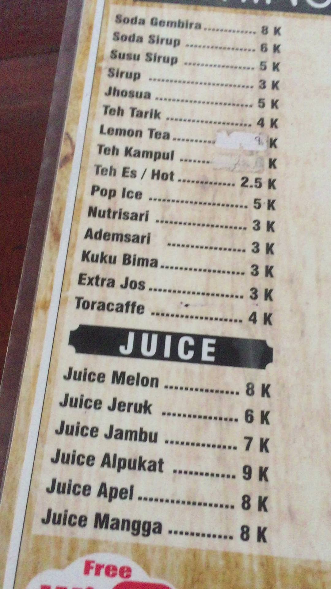 Menu at Burjo Bareto, Gonilan