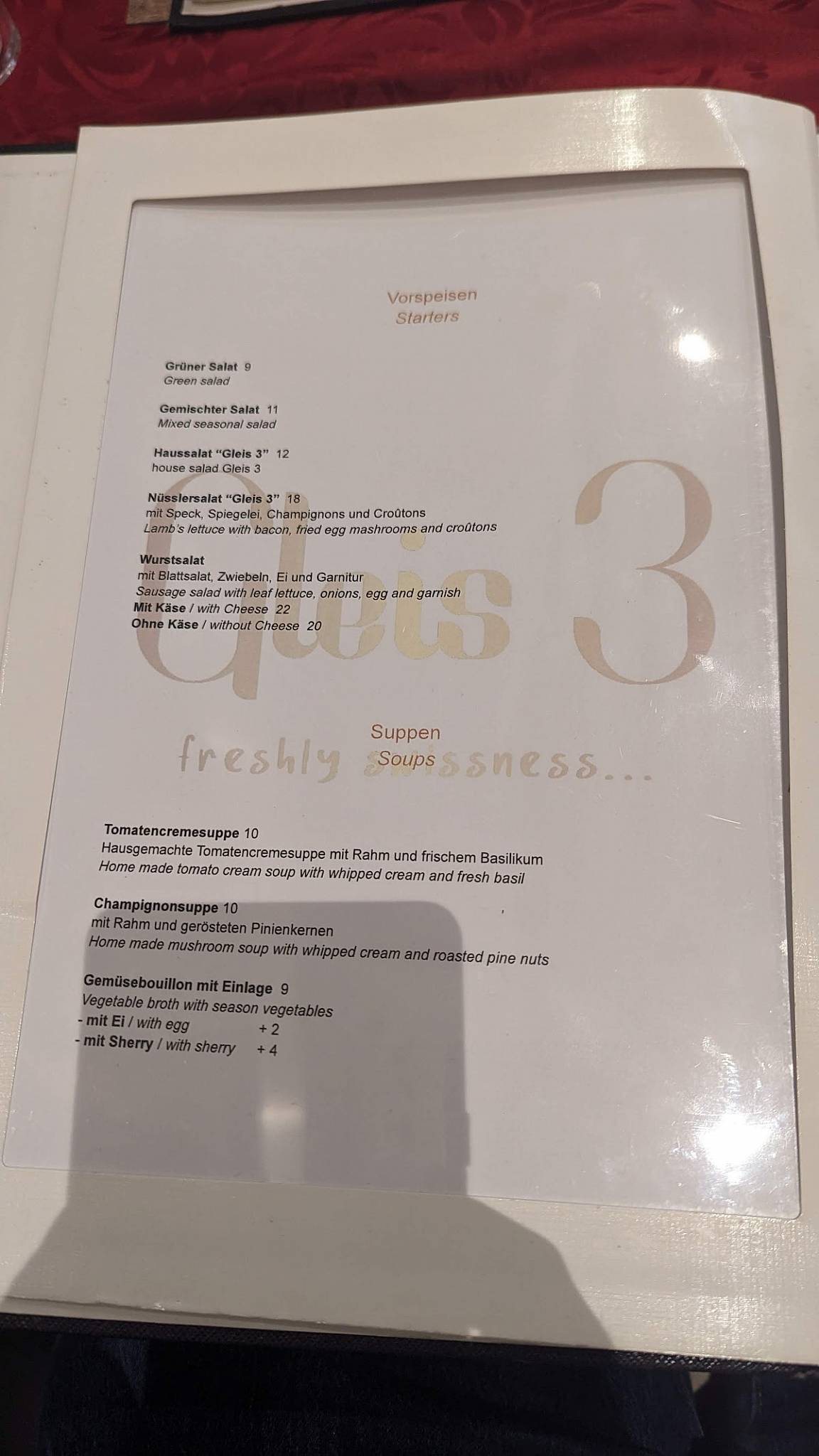 Menu at Restaurant Café Gleis 3 - Swiss Cuisine, Interlaken