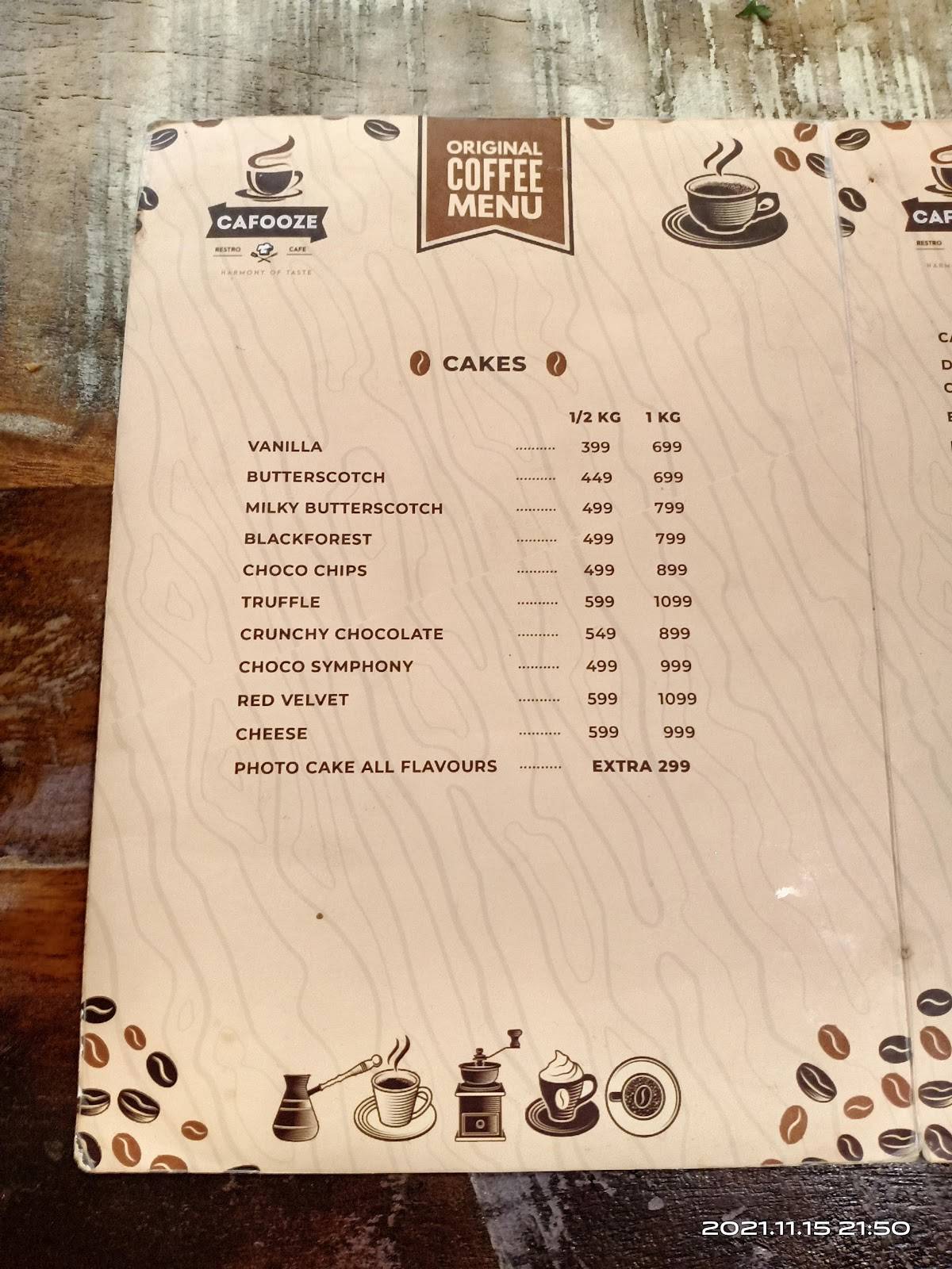 Menu at Cafooze restro cafe, Visakhapatnam