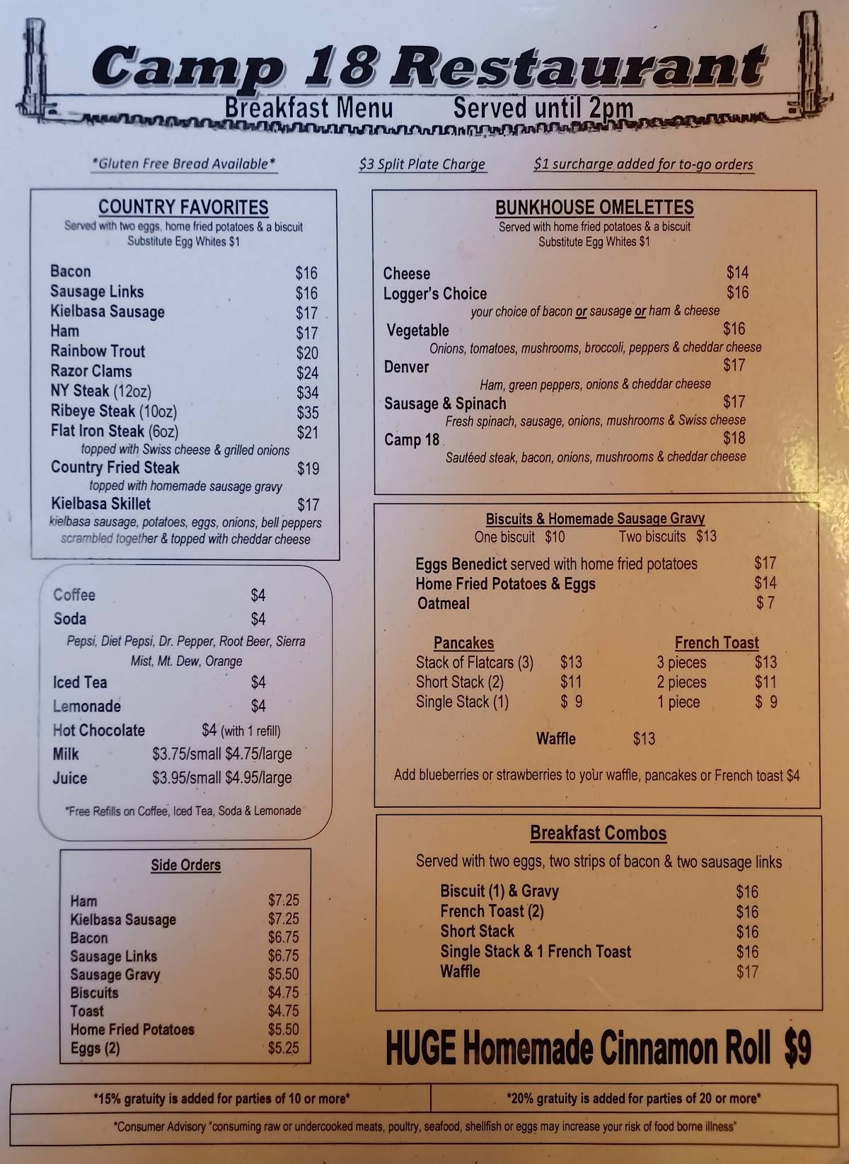 Menu at Camp 18 restaurant, USA