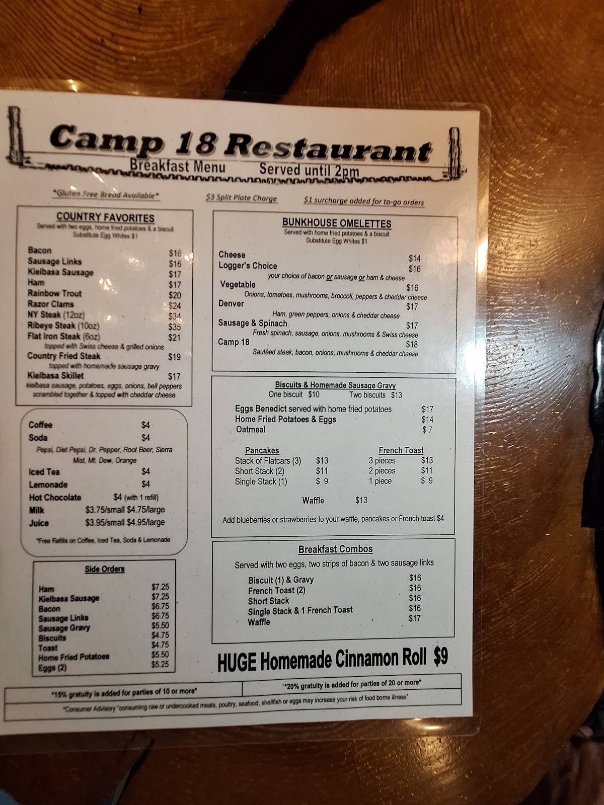 Menu at Camp 18 restaurant, USA