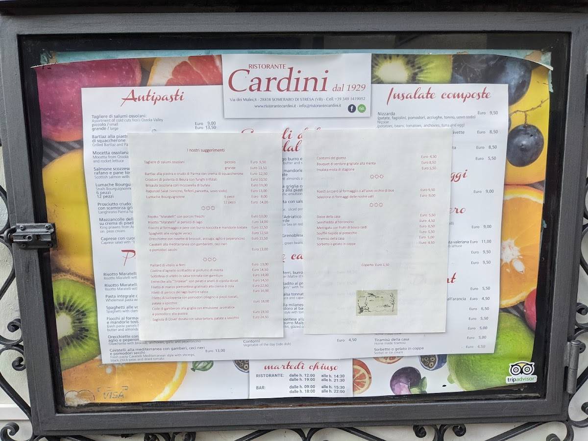 Menu at Cardini restaurant, Stresa