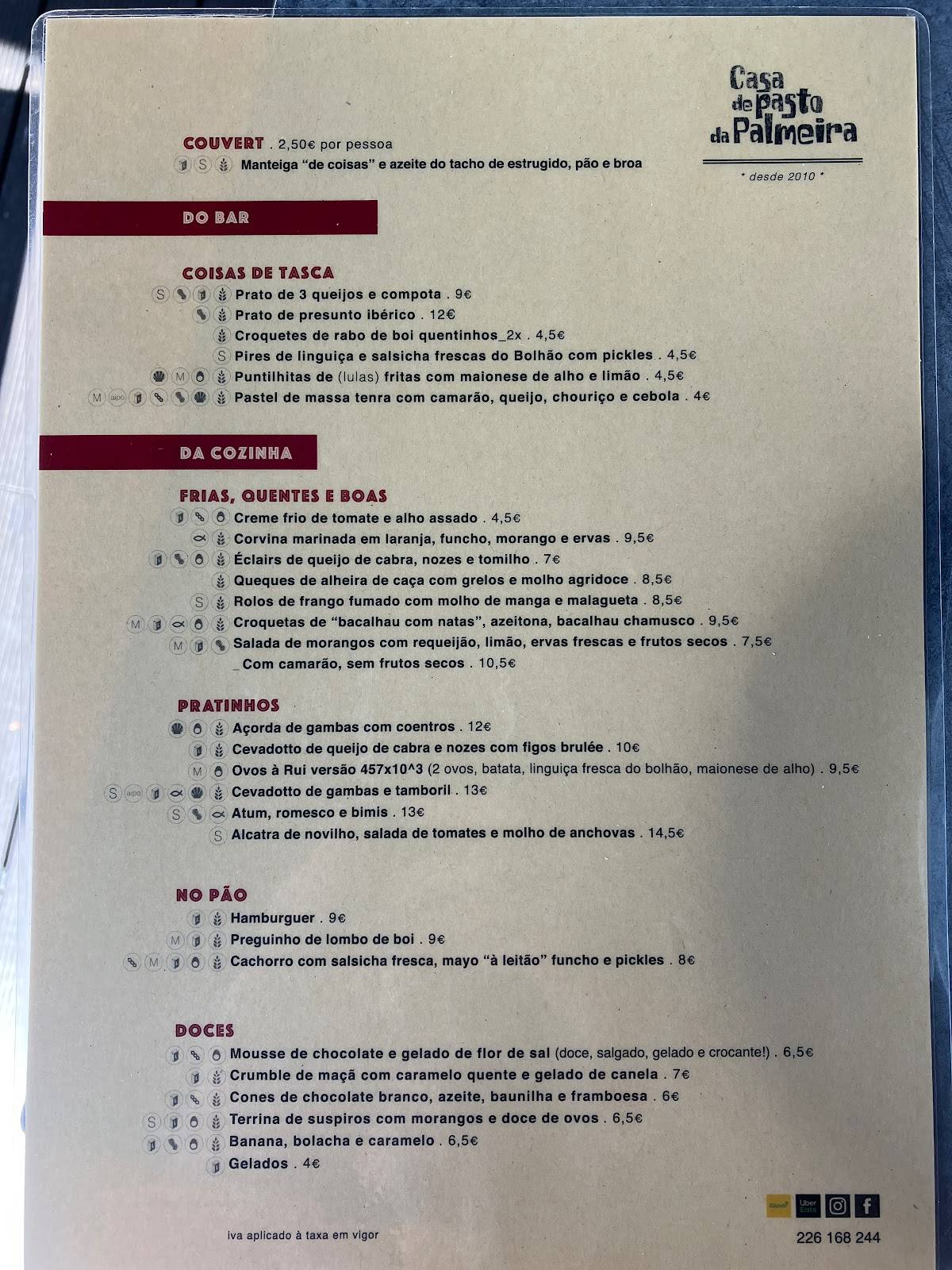 Menu at Casa de Pasto da Palmeira restaurant, Porto
