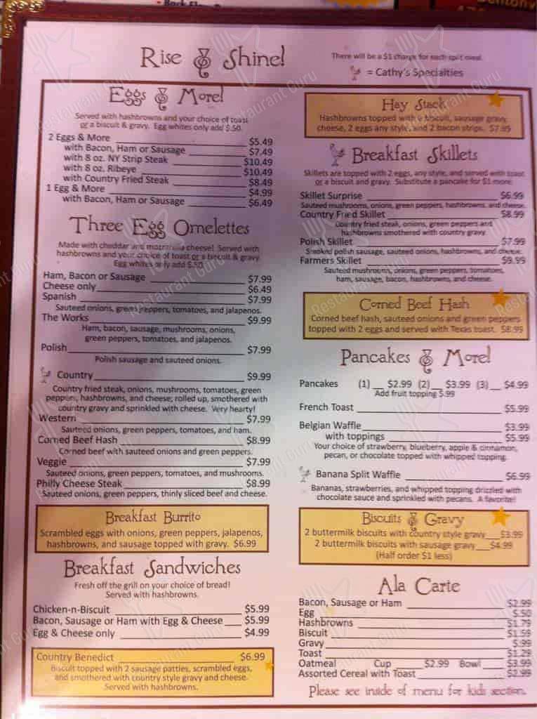 Menu at Cathy's Corner restaurant, Siloam Springs, US-412