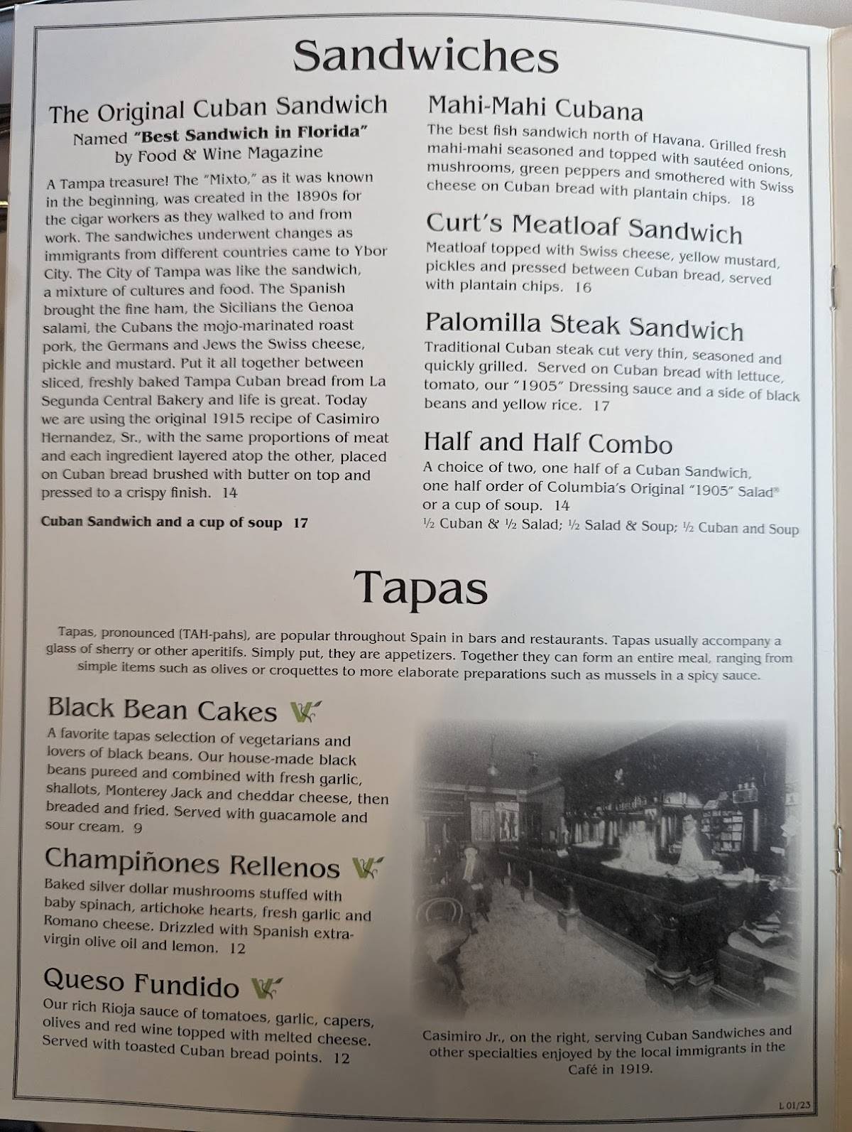 Menu at Columbia Restaurant Sand Key, Clearwater