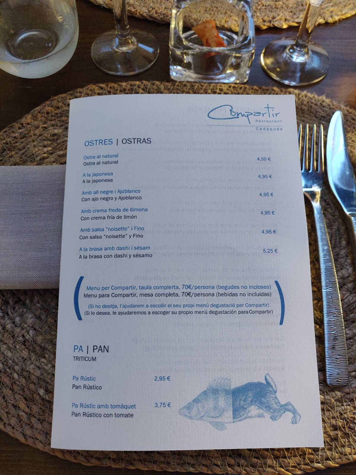 Menu at Compartir restaurant, Cadaqués, Riera de Sant Vicenç