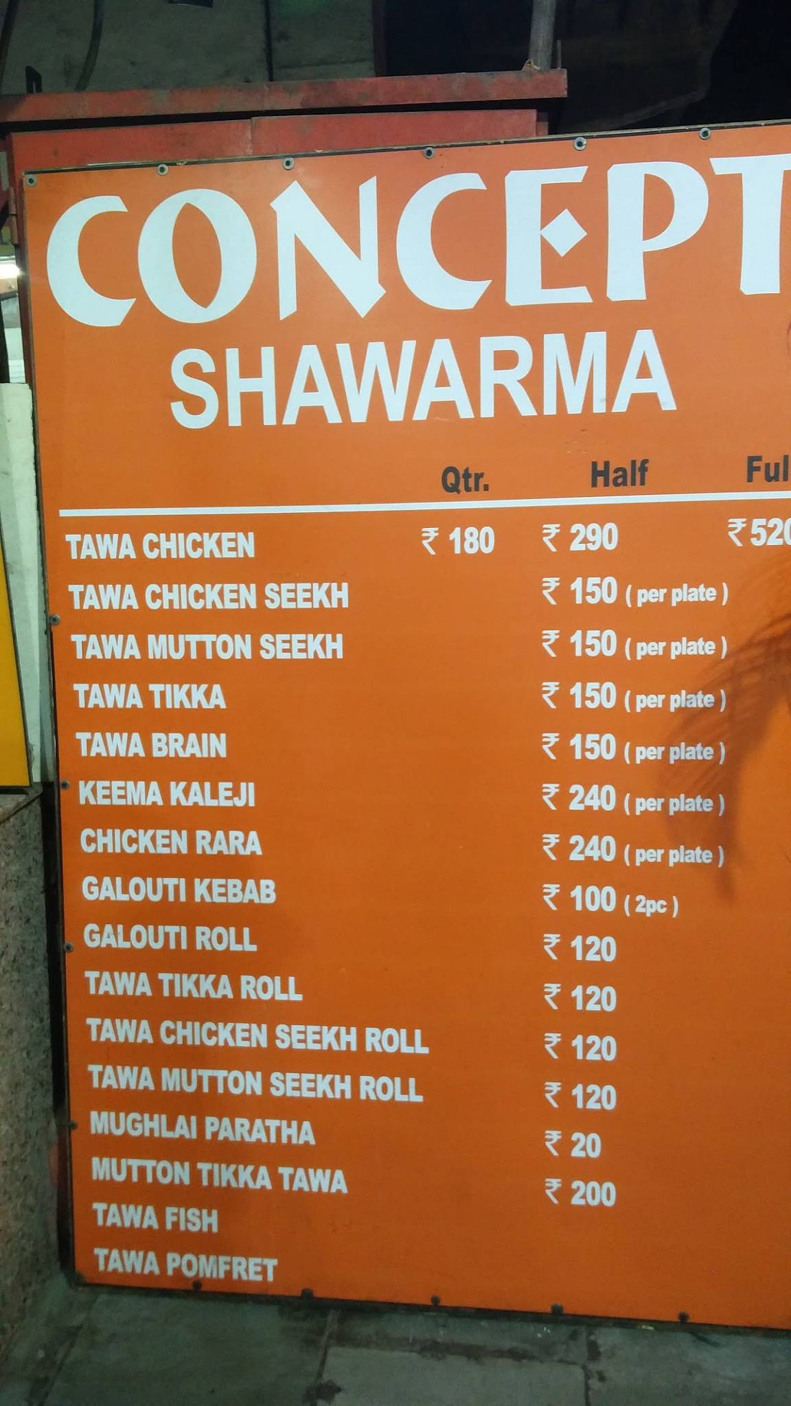 Menu at Concept Shawarma, New Delhi, 142 Defence Colony Flyover
