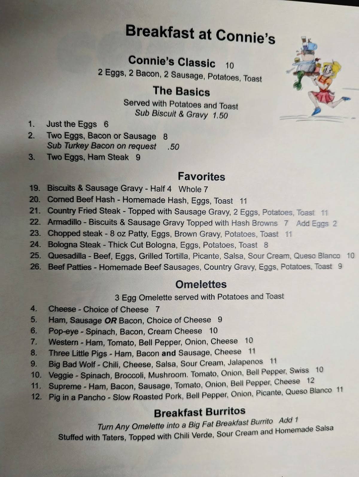 Menu at Connie's Cafe, Bull Shoals