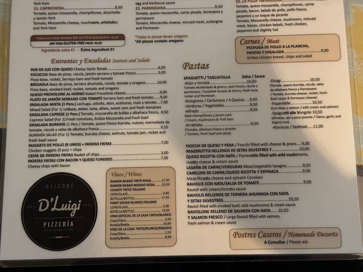 Menu at D'Luigis Pizzeria, Arboleas
