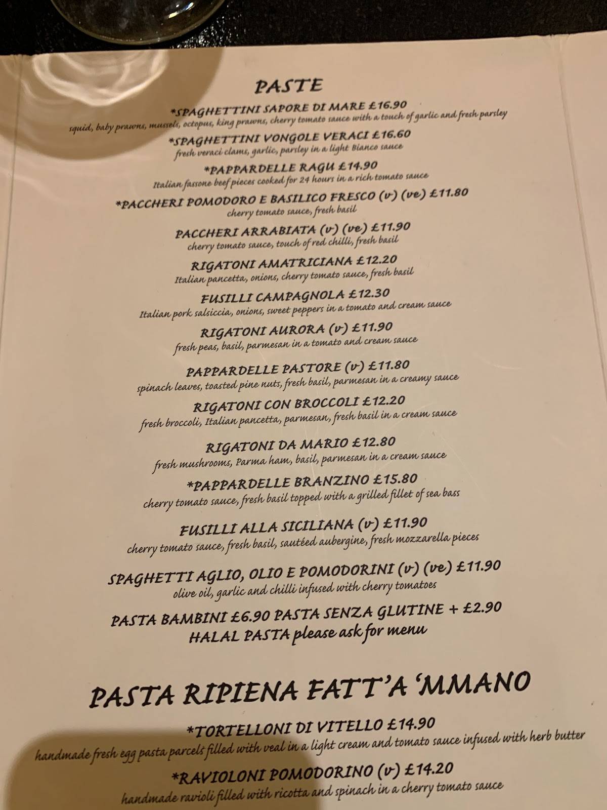 Menu at Da Mario Kensington restaurant, London, 15 Gloucester Rd