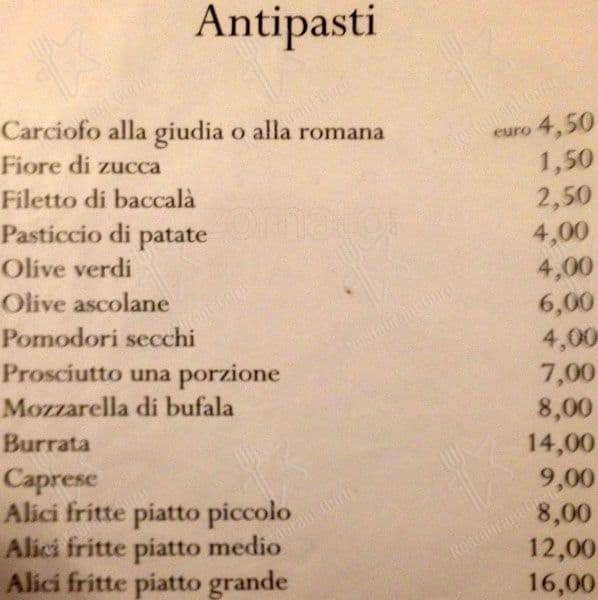 Menu at Trattoria Da Teo restaurant, Rome, Piazza dei Ponziani