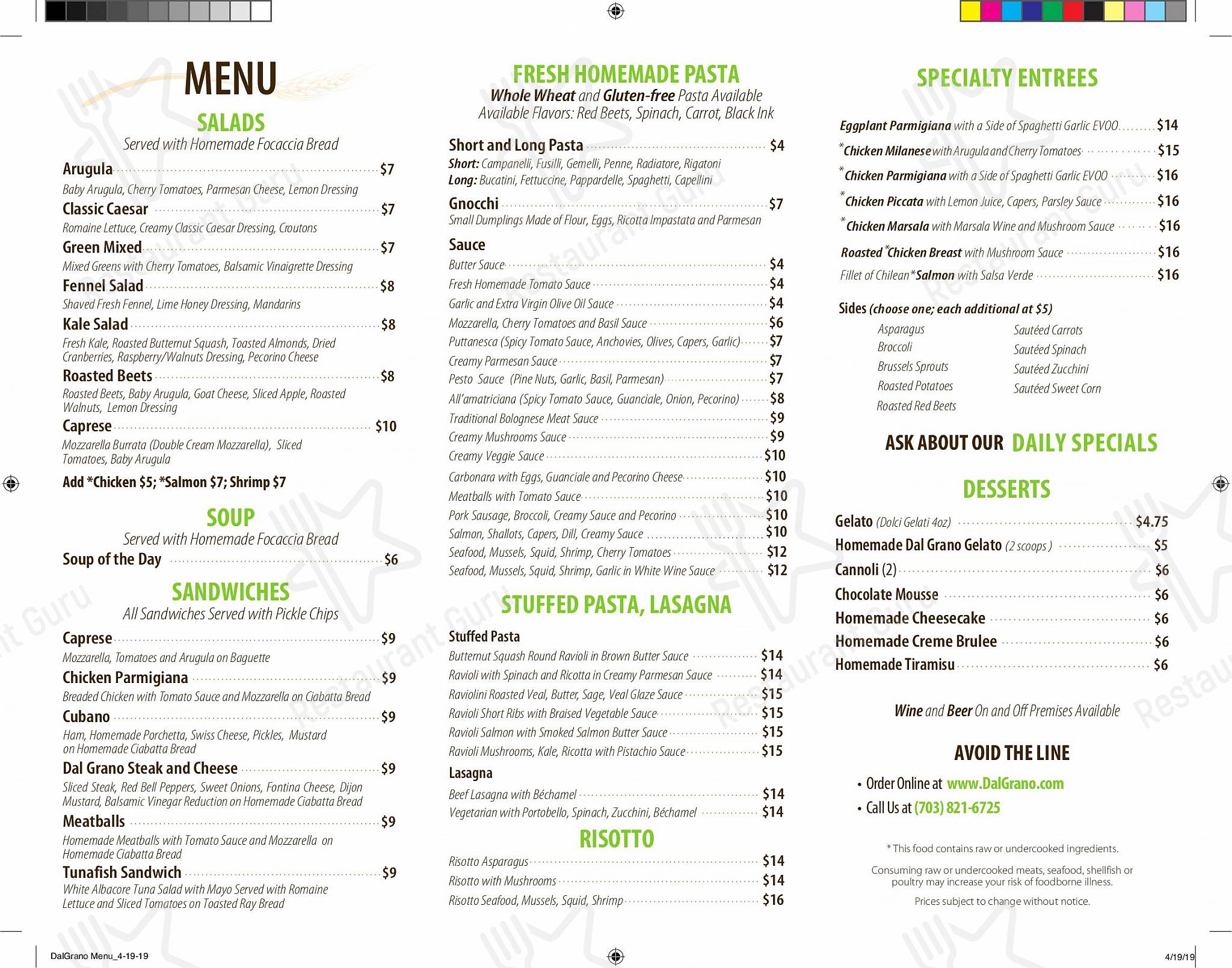 Menu at Dal Grano restaurant, McLean