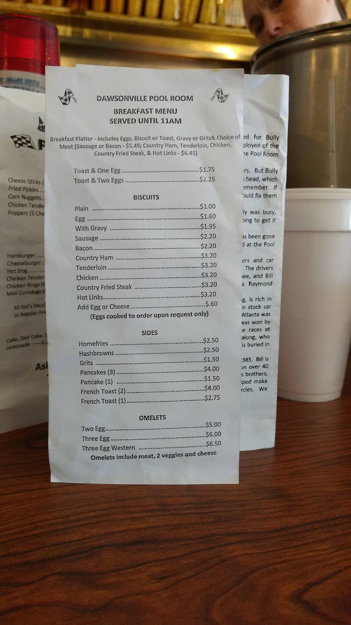 Menu at Dawsonville Pool Room restaurant, Dawsonville