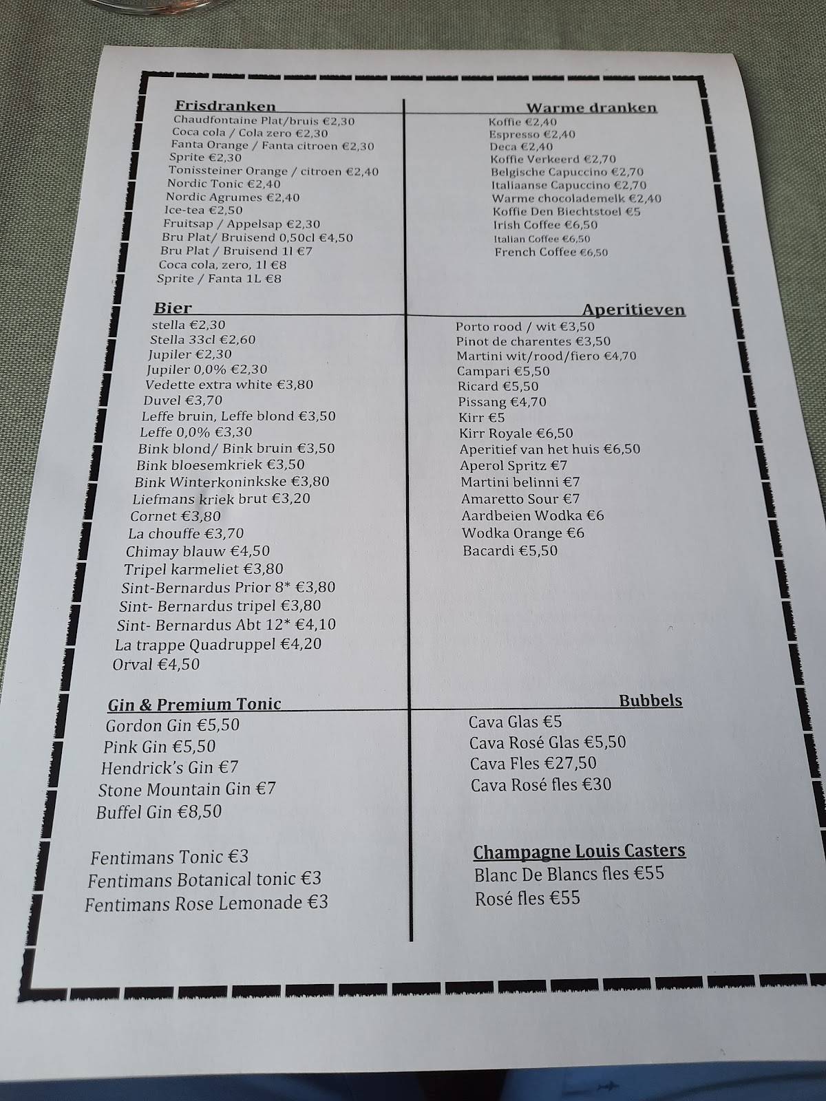 Menu at Den Biechtstoel, Heers