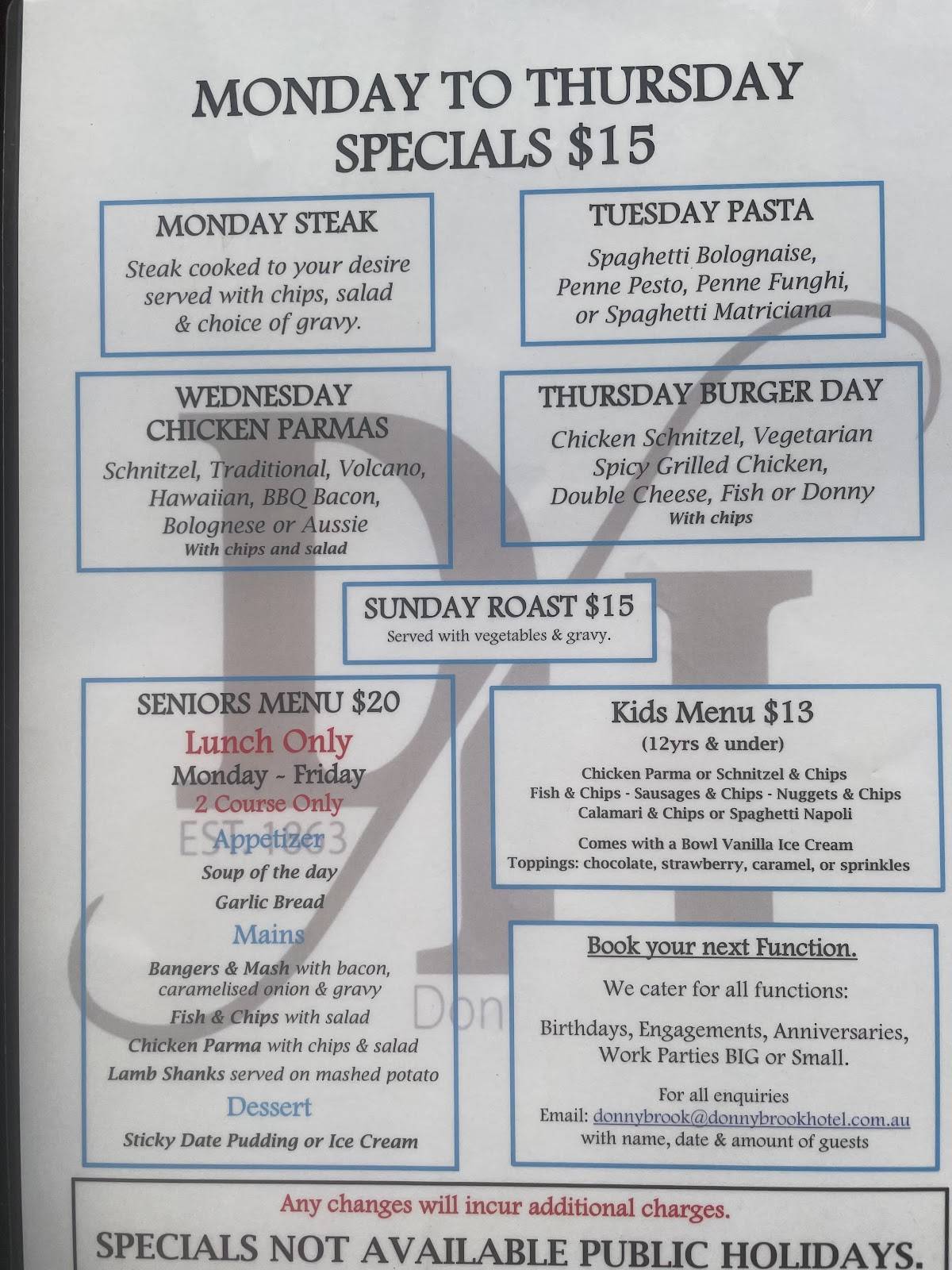 Menu at Donnybrook Hotel pub & bar, Donnybrook