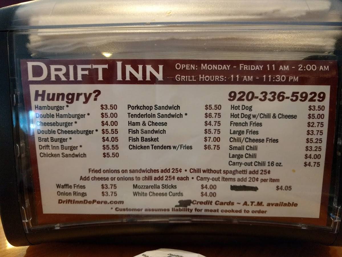 Menu at Drift Inn restaurant, De Pere