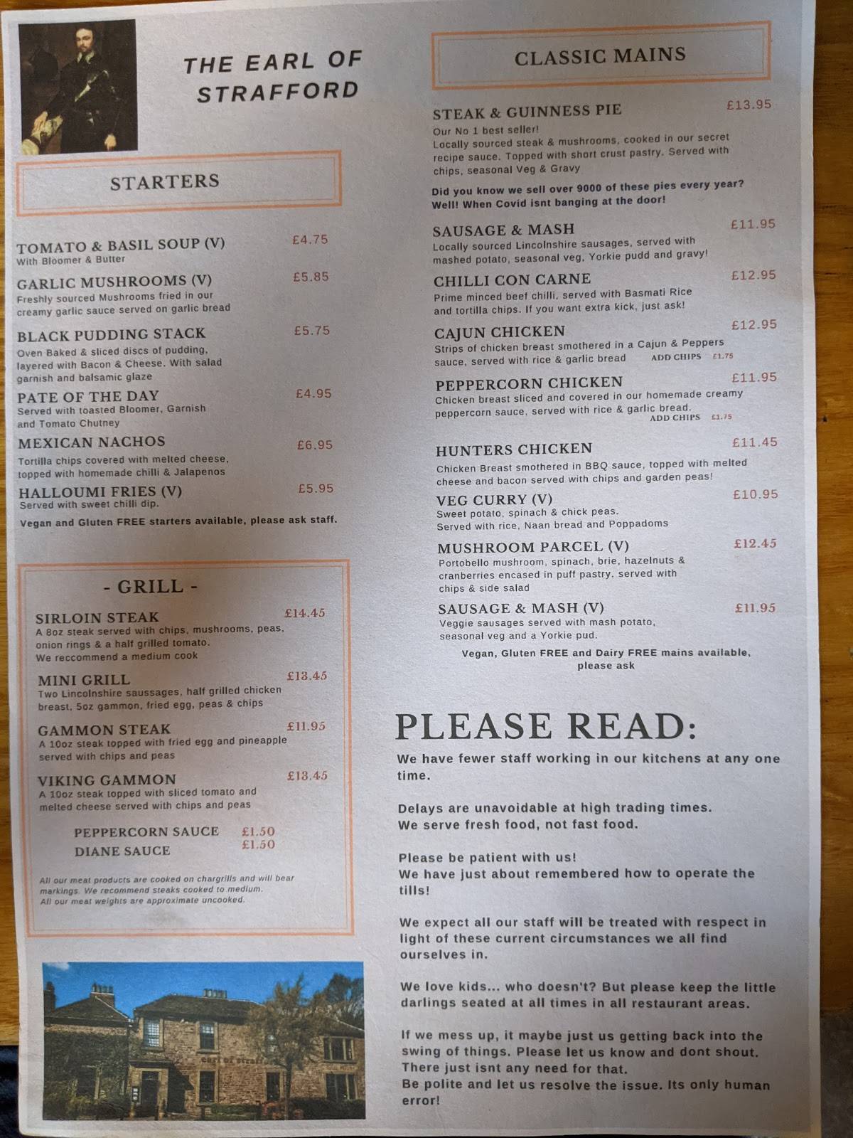 Menu at Earl of Strafford restaurant, Rotherham